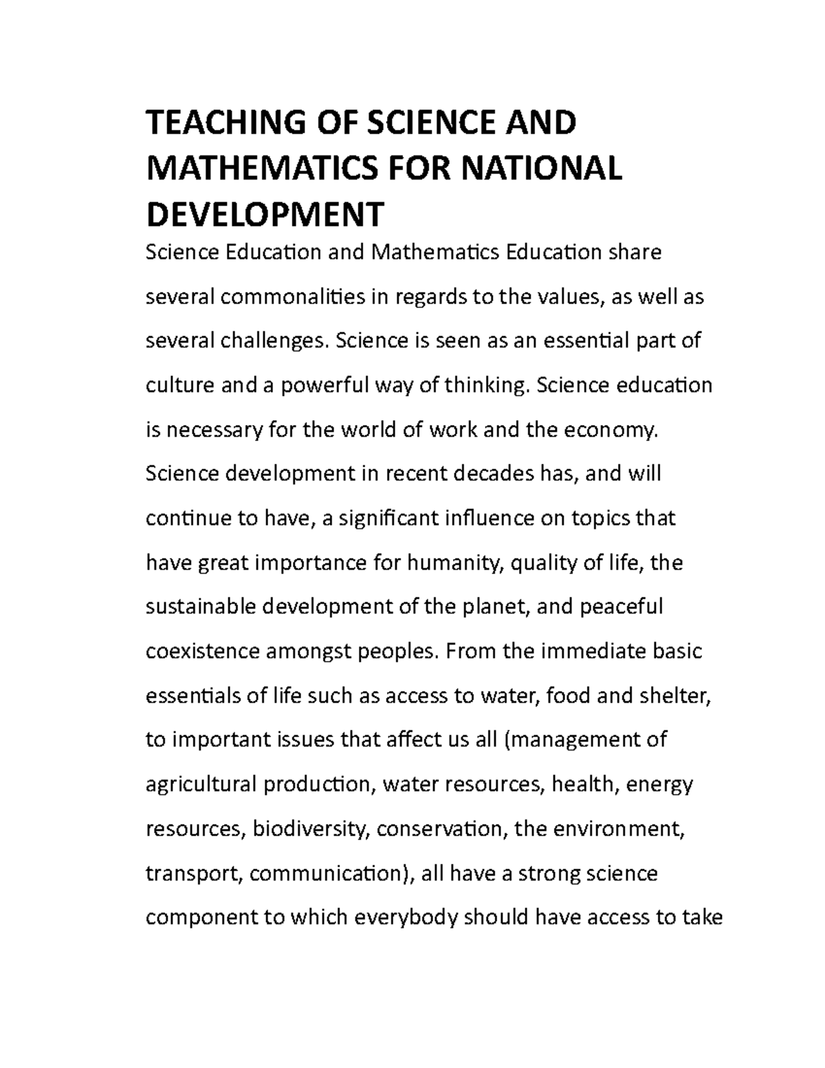 Teaching OF Science AND Mathematics FOR National Development - TEACHING ...