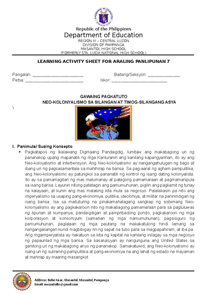 Aralingpanlipunan 7 q1 LAS1 Bahaging Ginampanan ng Kababaihan sa Sinaunang Kabihasnan Hanggang ...