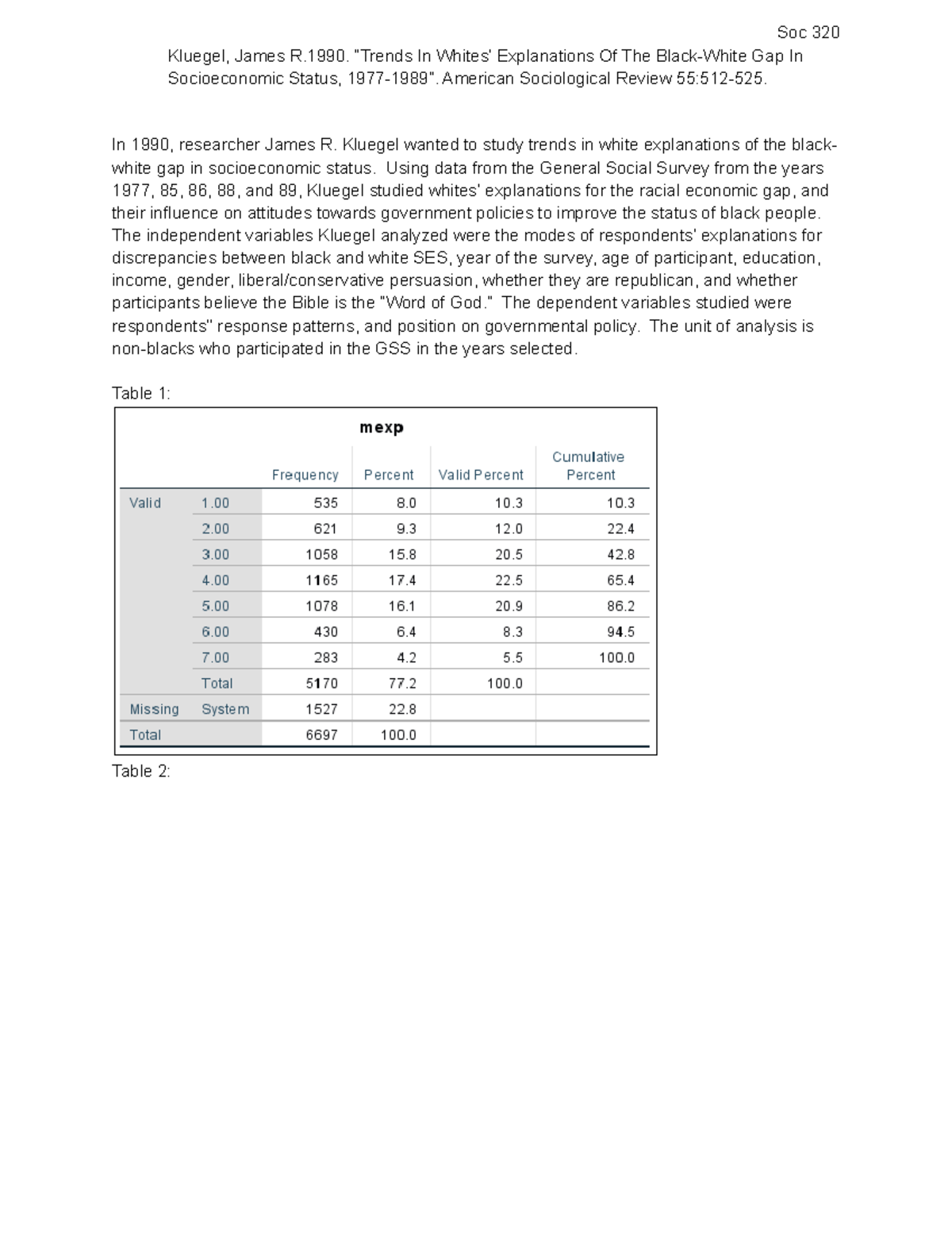 Soc320summaryof Kluegel - Soc 320 Kluegel, James R. In Explanations Of ...