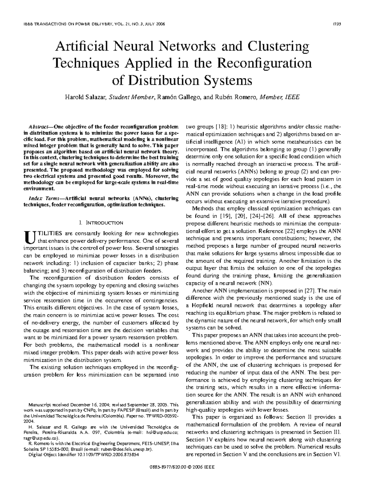 Artificial Neural Networks And Clustering Techniques Applied In The Reconfiguration Of