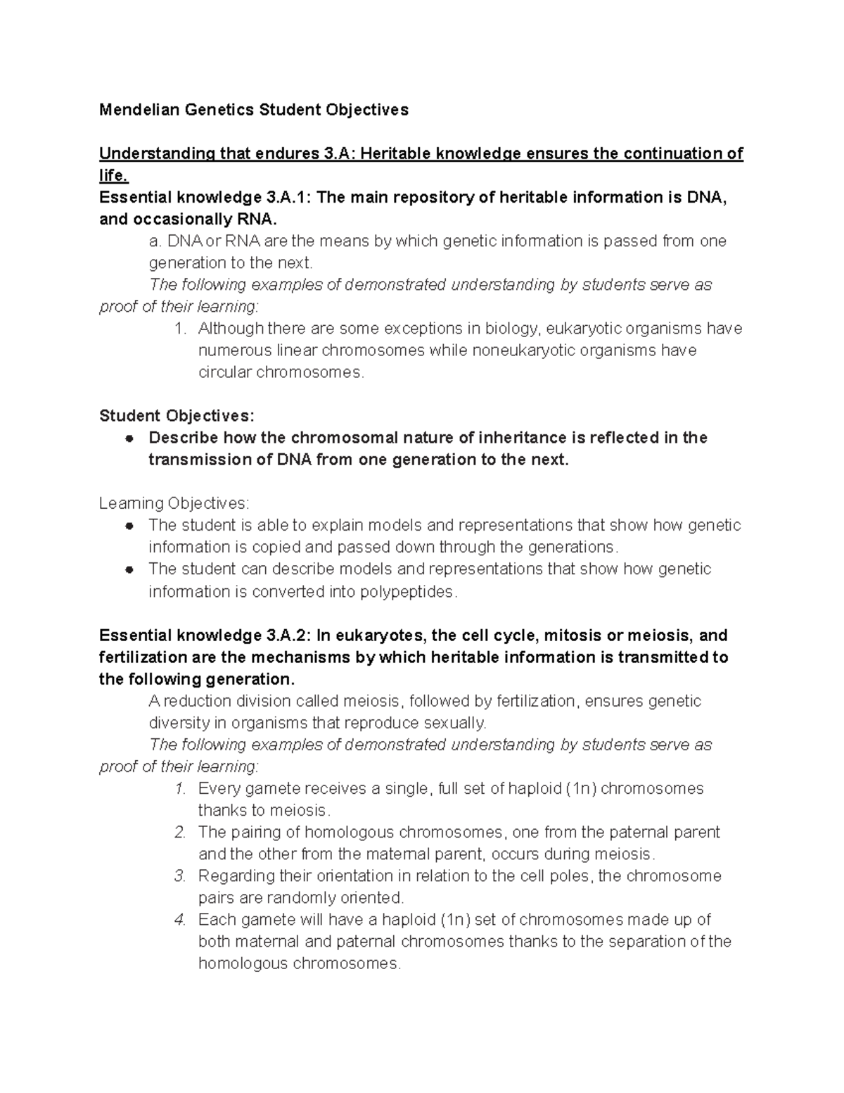 Mendelian Genetics Student Objectives - Mendelian Genetics Student ...
