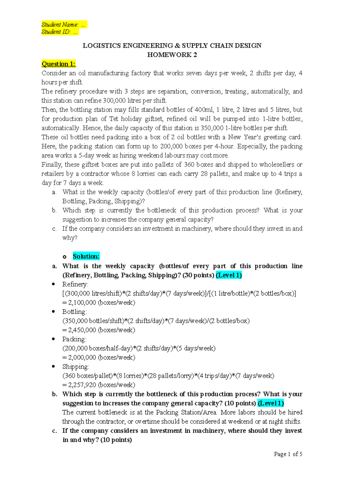 SCD HW2 Solution rev1 - 2021-2022 - Student ID: ... LOGISTICS ENGINEERING & SUPPLY CHAIN DESIGN ...