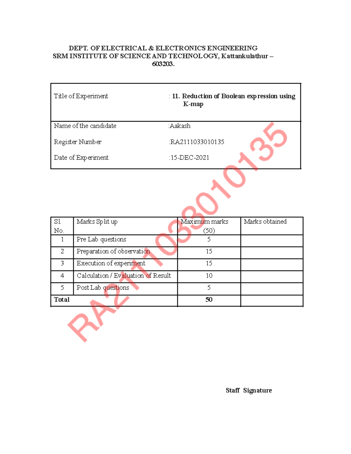 BEEE Assignment 11 - DEPT. OF ELECTRICAL & ELECTRONICS ENGINEERING SRM ...