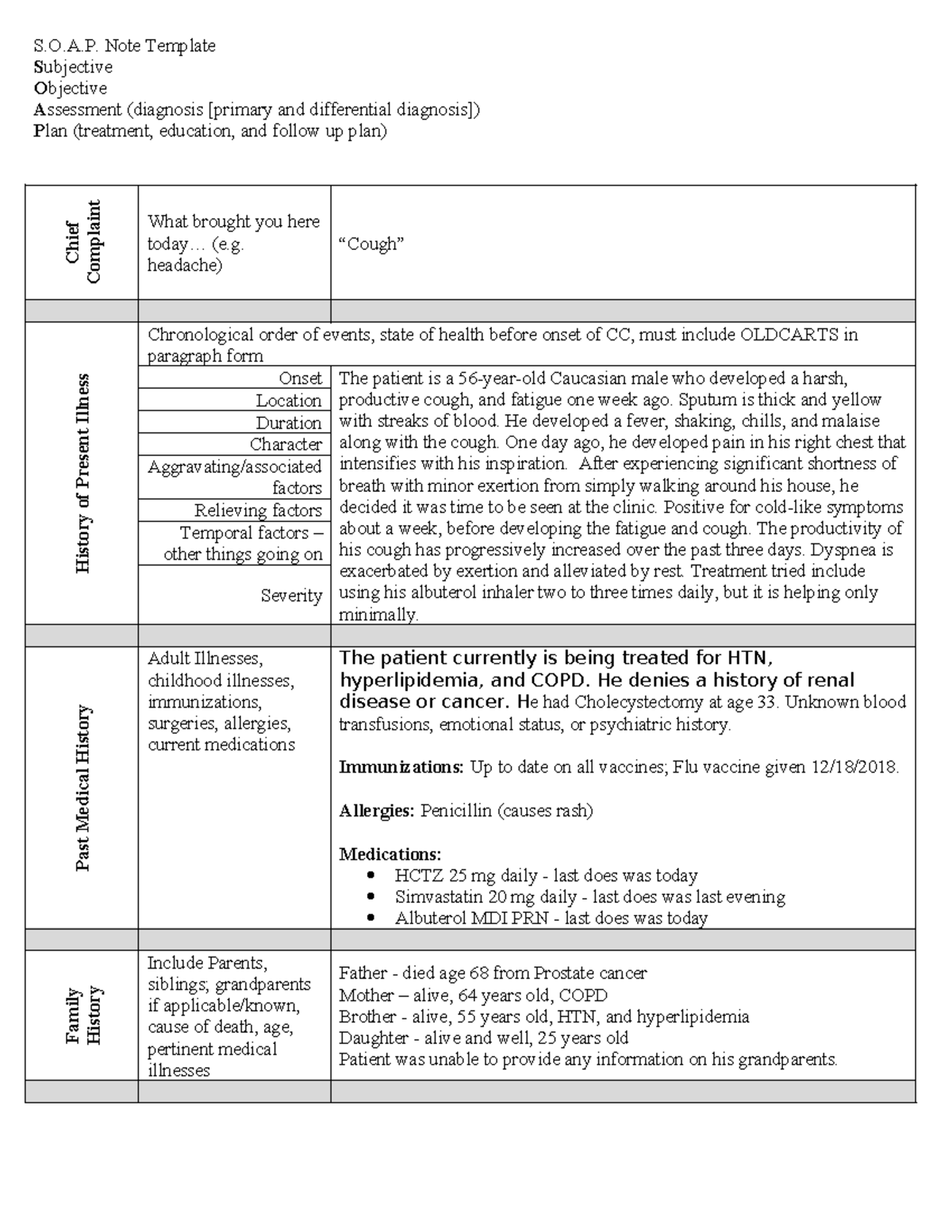 Sample SOAP Note - S.O.A. Note Template Subjective Objective Assessment ...
