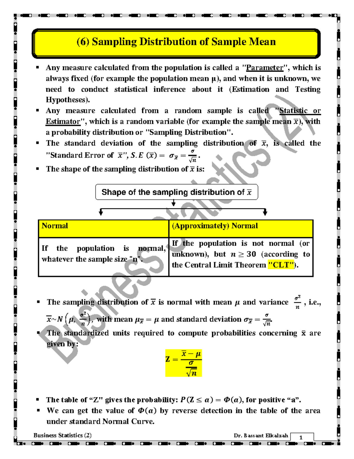 Lec 6 - STA241 - Bus. Stat. (2) - Sampling Distribution of sample mean ...