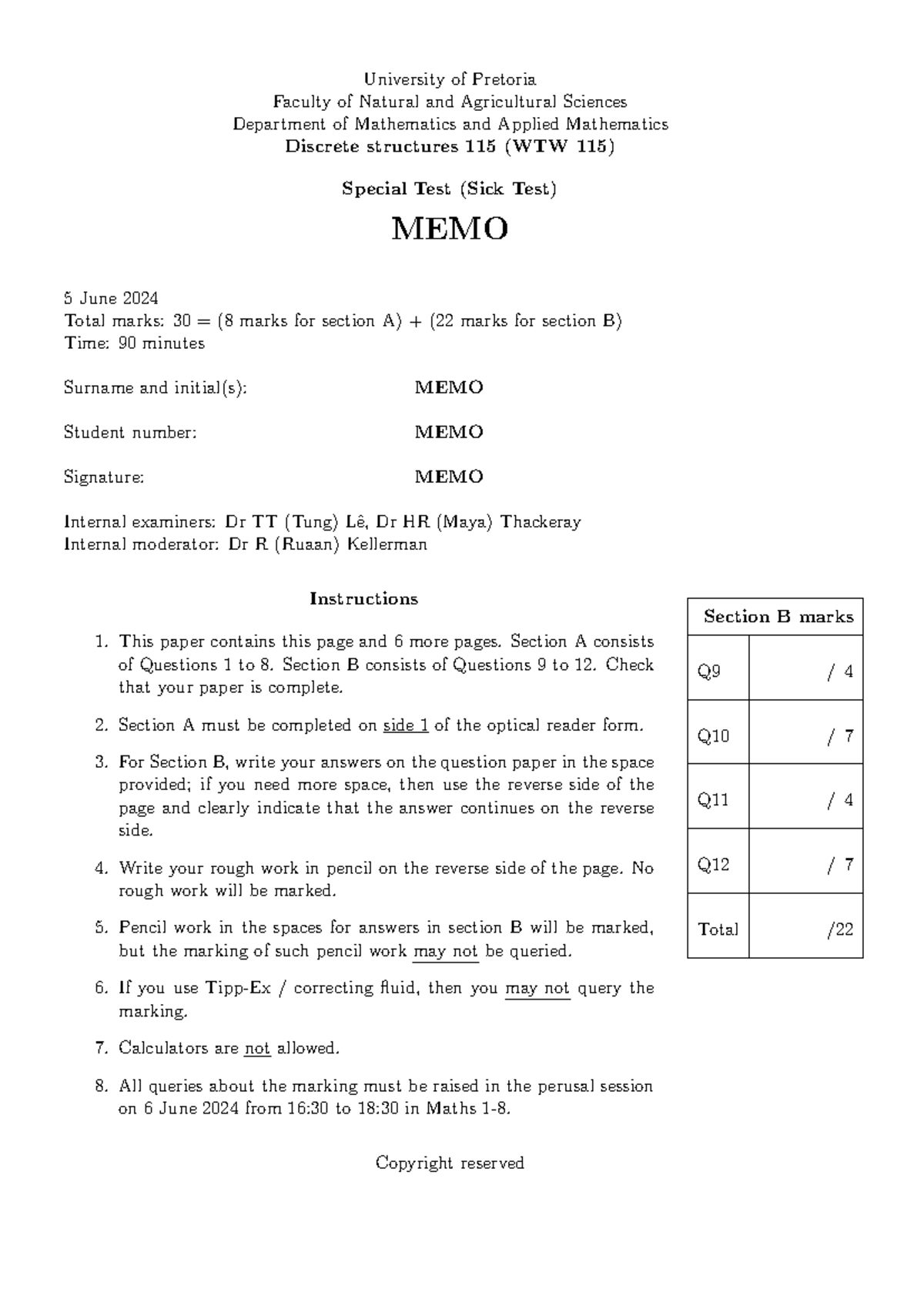 WTW115 S1 2024 Special Test Memo - University of Pretoria Faculty of ...