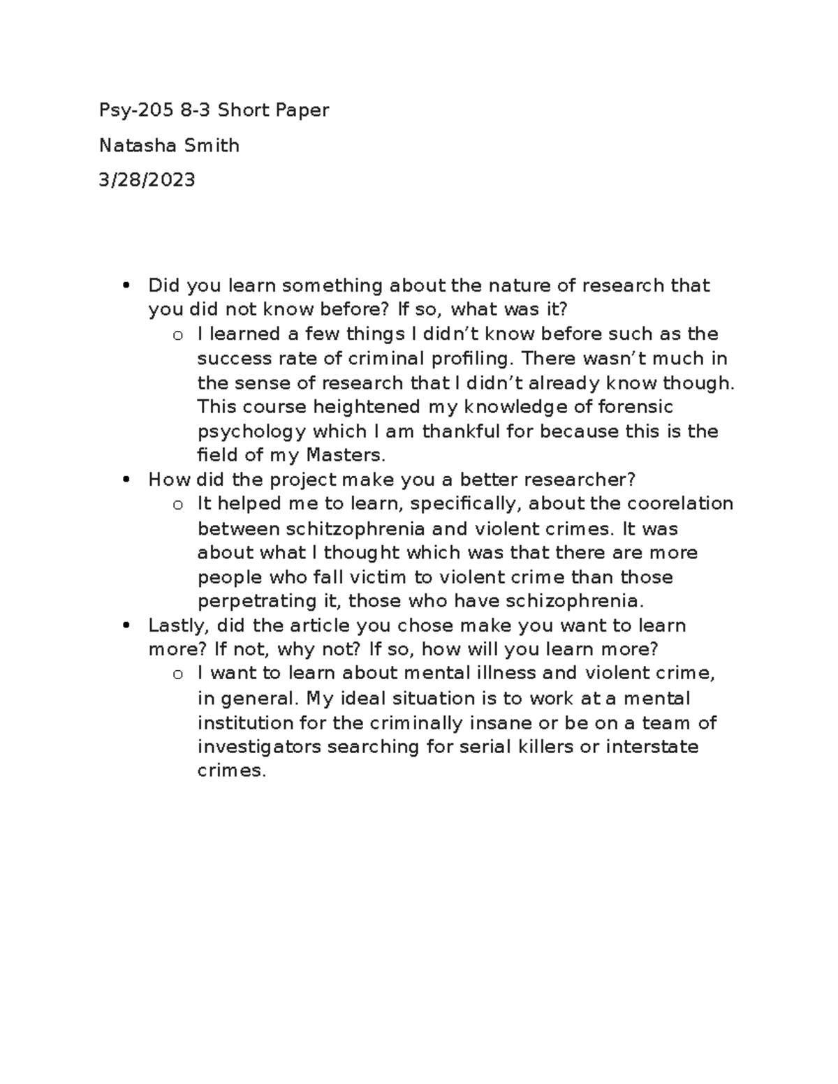 PSY205 8-2 Short Paper - Received B+ - PSY205 - SNHU - Studocu