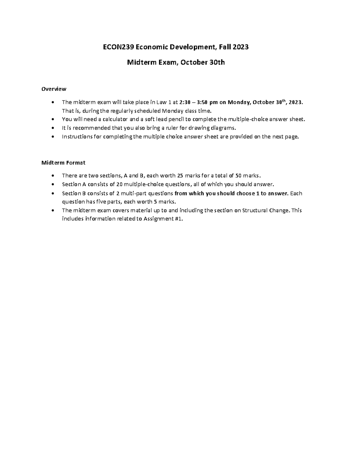 Econ239 - Midterm Exam - Practice - ECON239 Economic Development, Fall 2023 Midterm Exam ...