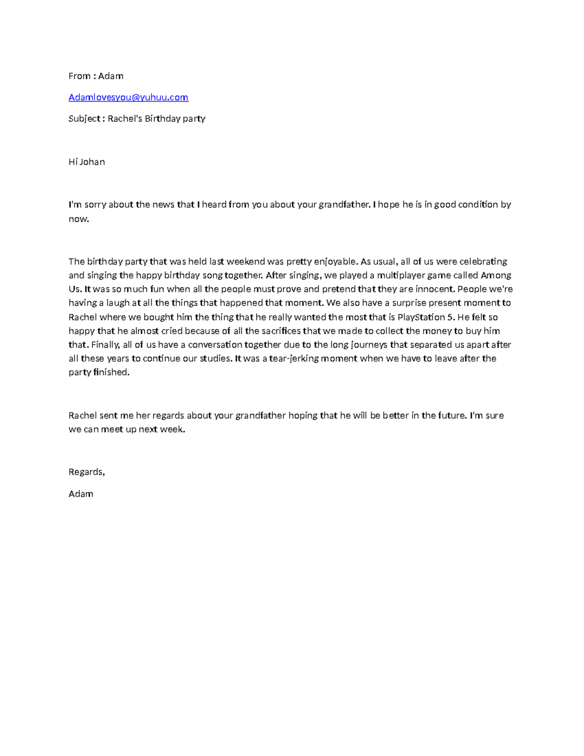 Rachel's Birthday Party - From : Adam Adamlovesyou@yuhuu Subject ...