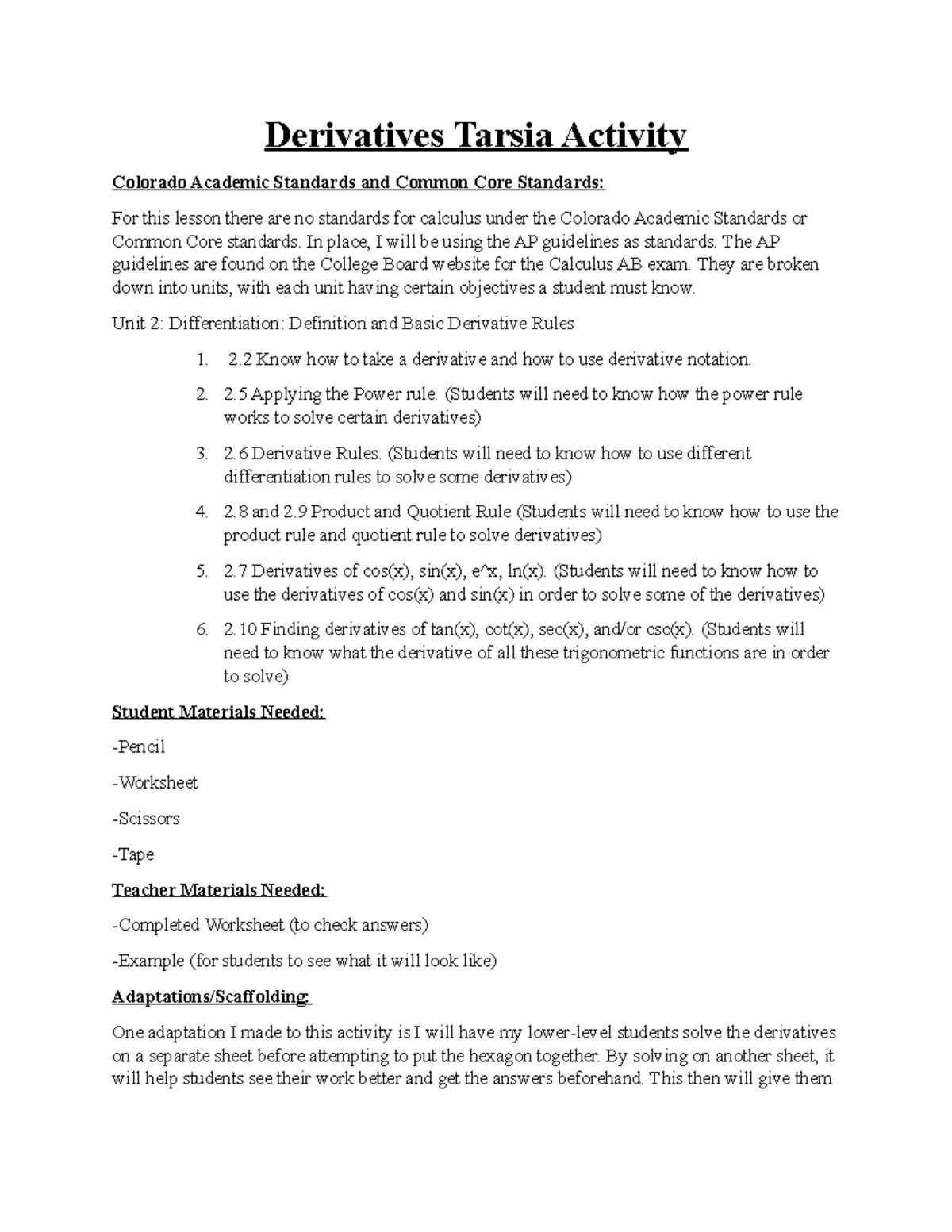 Lesson Plan Derivatives Tarsia - Derivatives Tarsia Activity Colorado ...