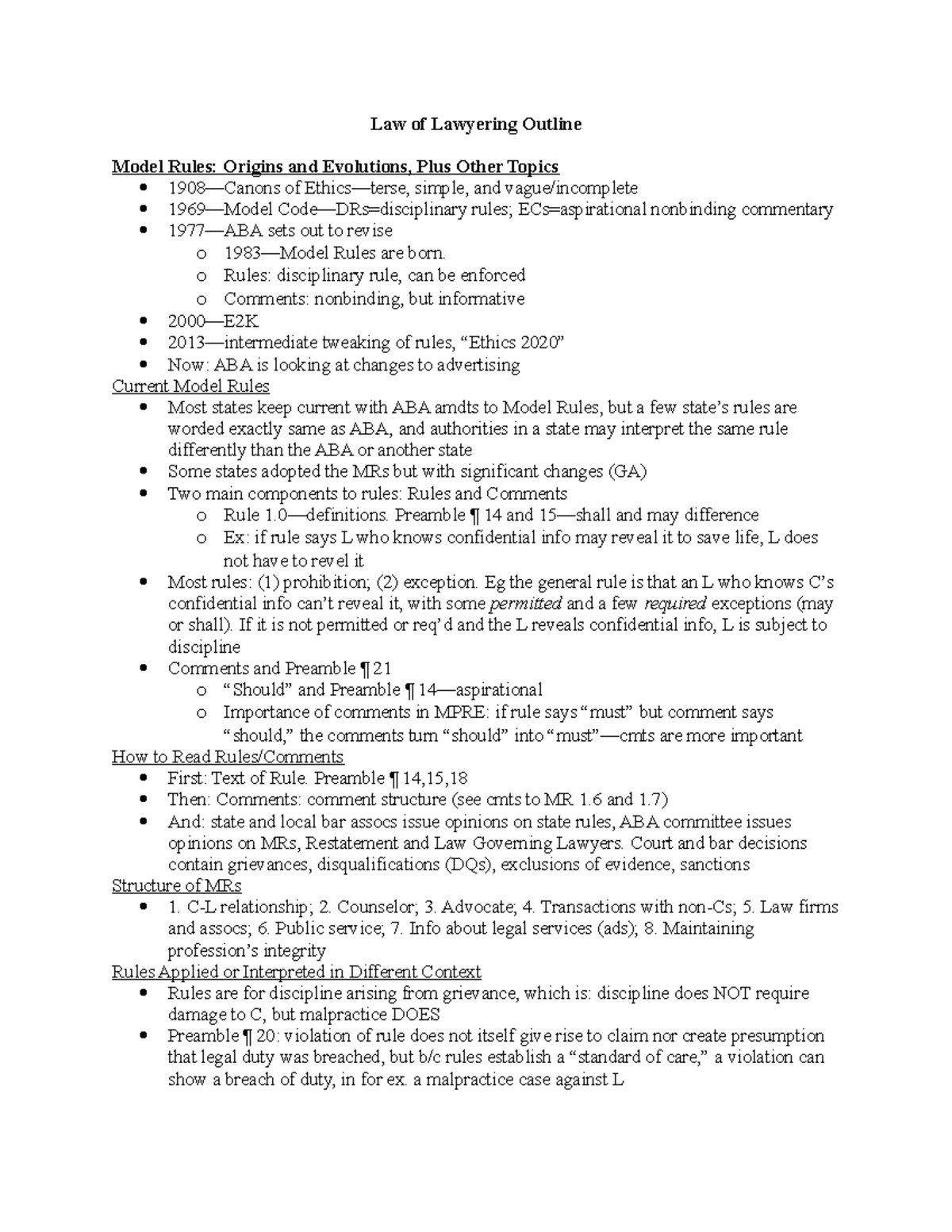 Law of Lawyering Outline - Law of Lawyering Outline Model Rules ...