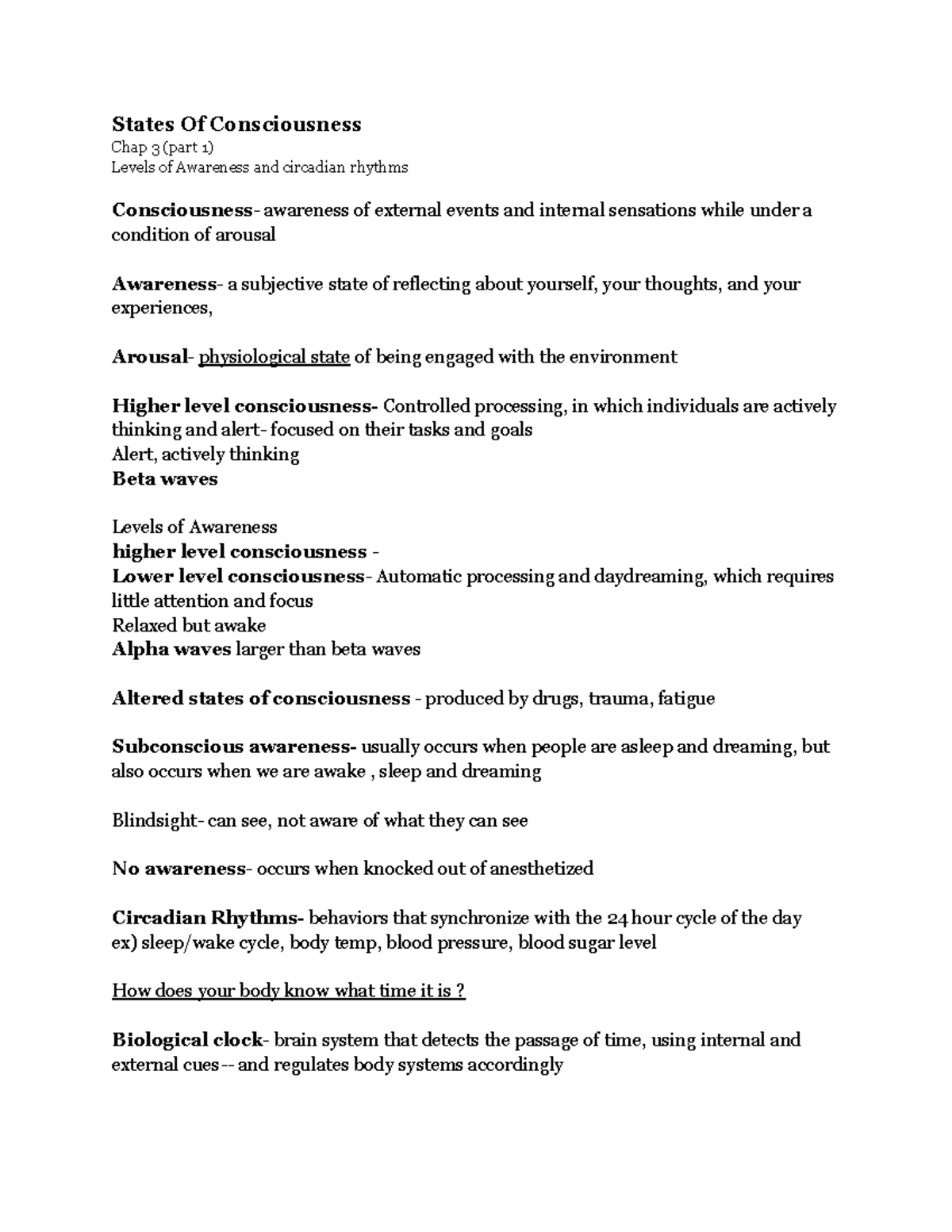 Psych notes 2 - States Of Consciousness Chap 3 (part 1) Levels of ...