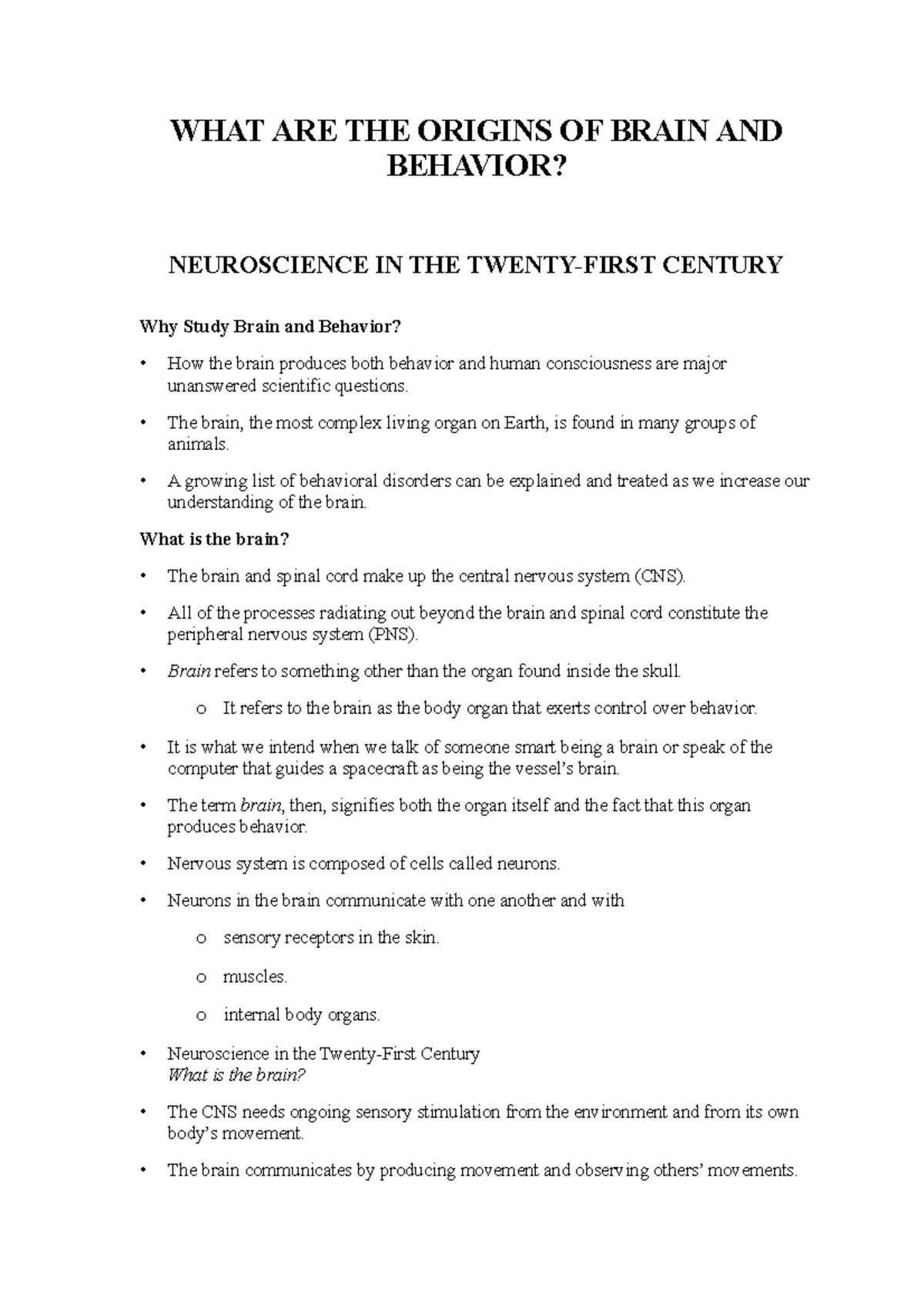 Lecture Slides Chapter 1 - WHAT ARE THE ORIGINS OF BRAIN AND BEHAVIOR ...
