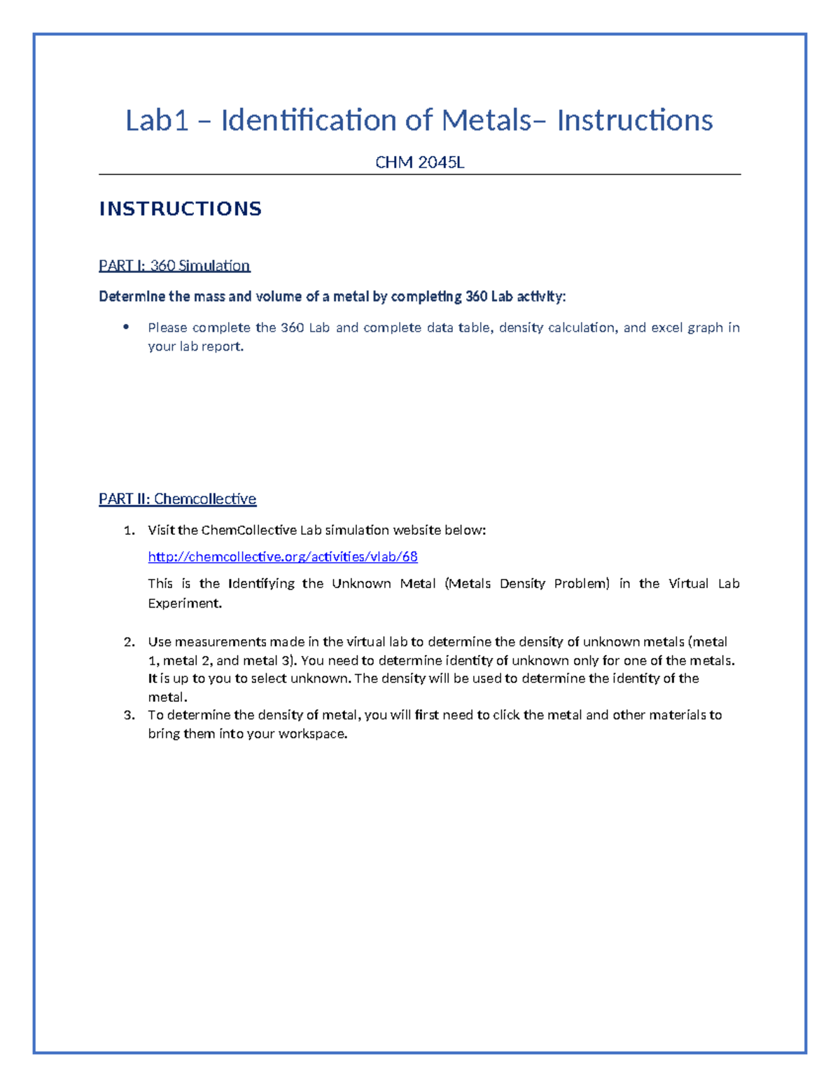 Lab 1-Density-Instructions-1 QAC - Lab1 – Identification of Metals– Instructions CHM 2045L - Studocu