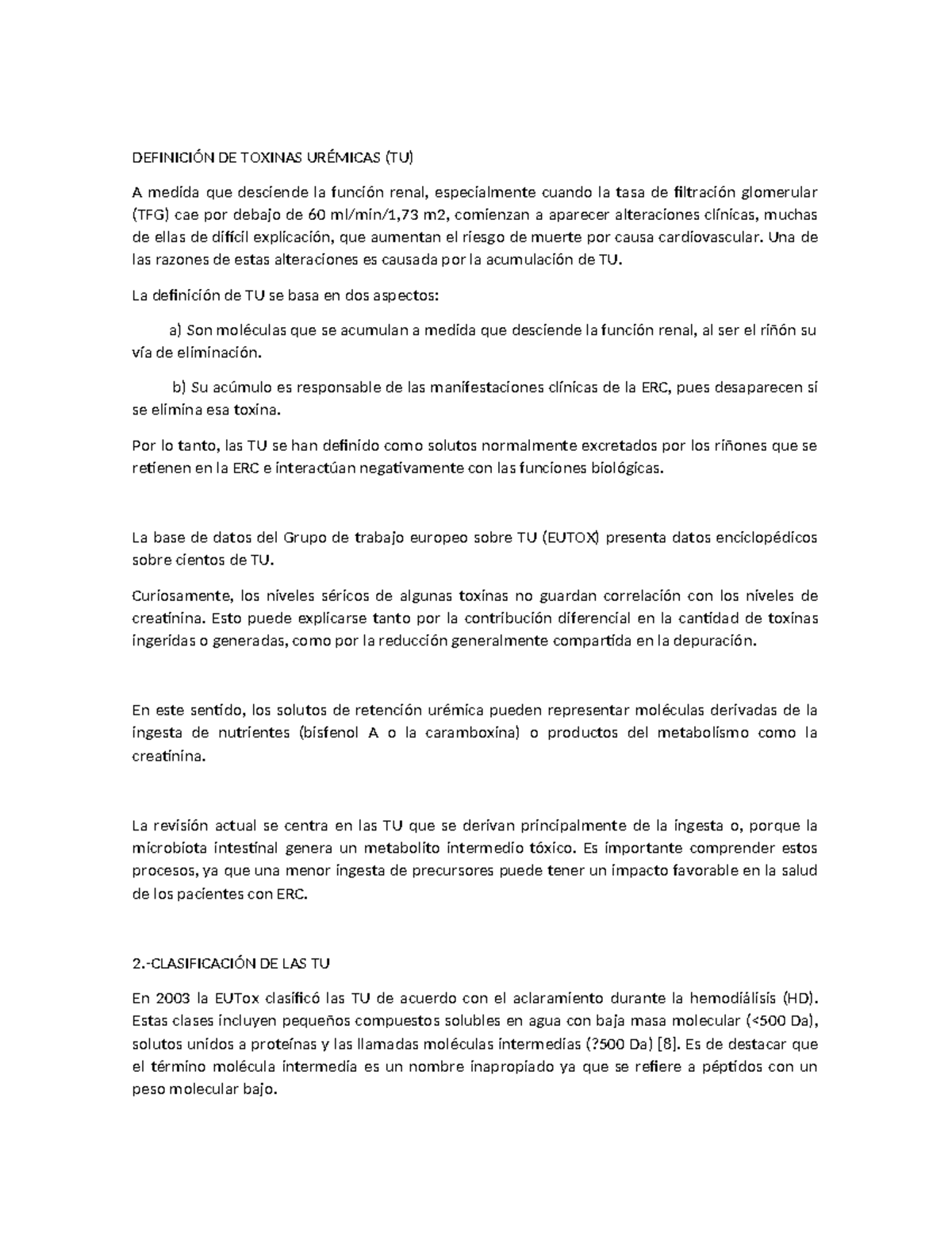 Definición DE Toxinas Urémicas - DEFINICIÓN DE TOXINAS URÉMICAS (TU) A ...