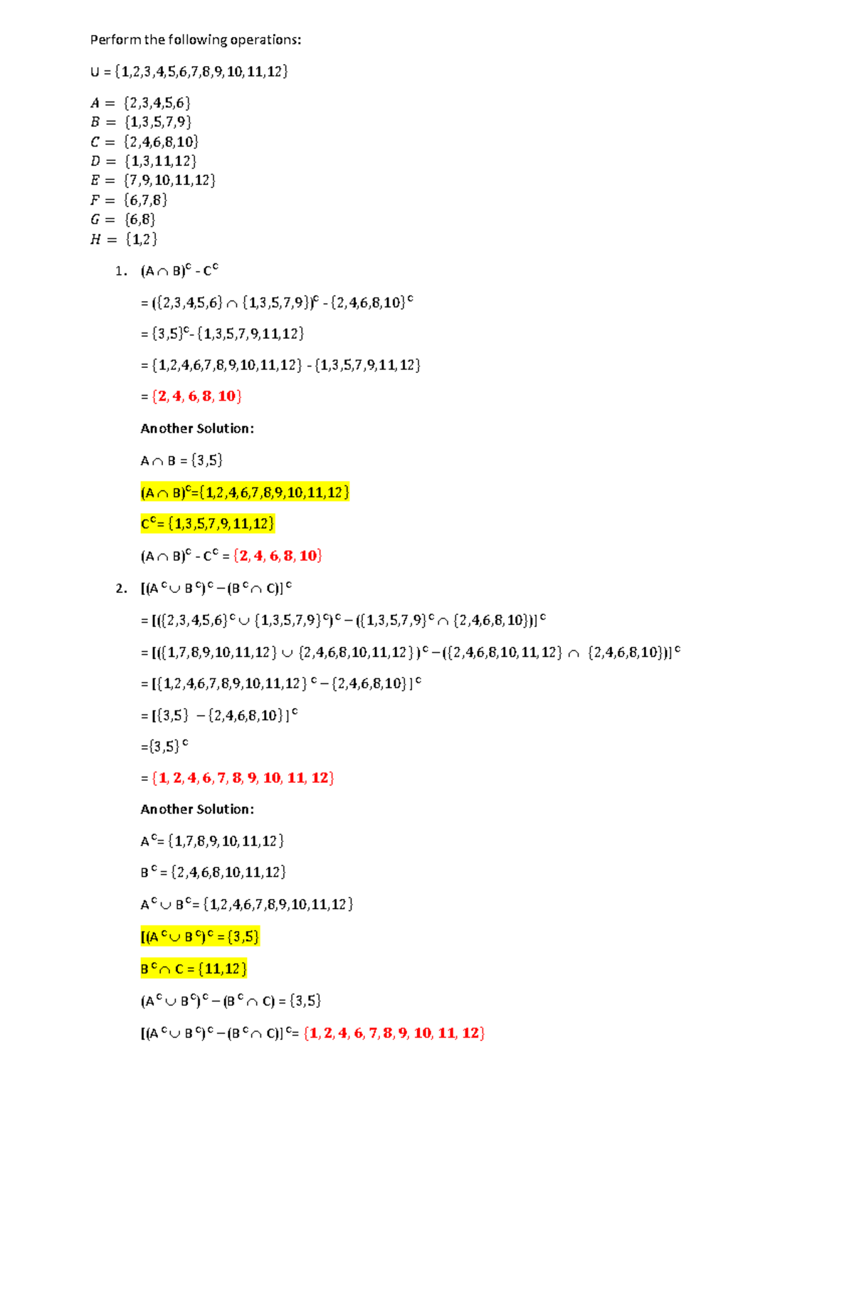 Activity about operations on set 1 - Perform the following operations ...
