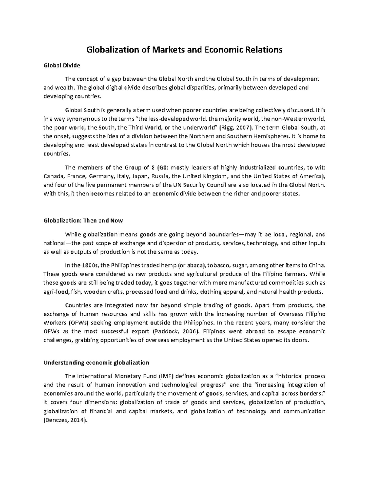 Globalization of Markets and Economic Relations (module 5 ...