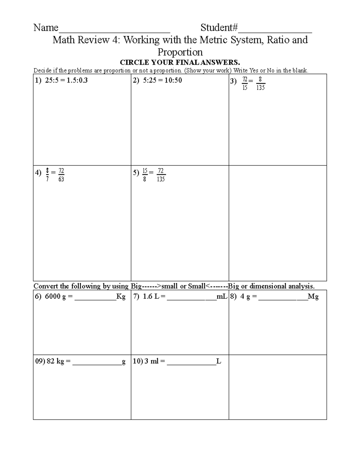 =Math Review 4 metric, ratio, proportion revised - Name ...