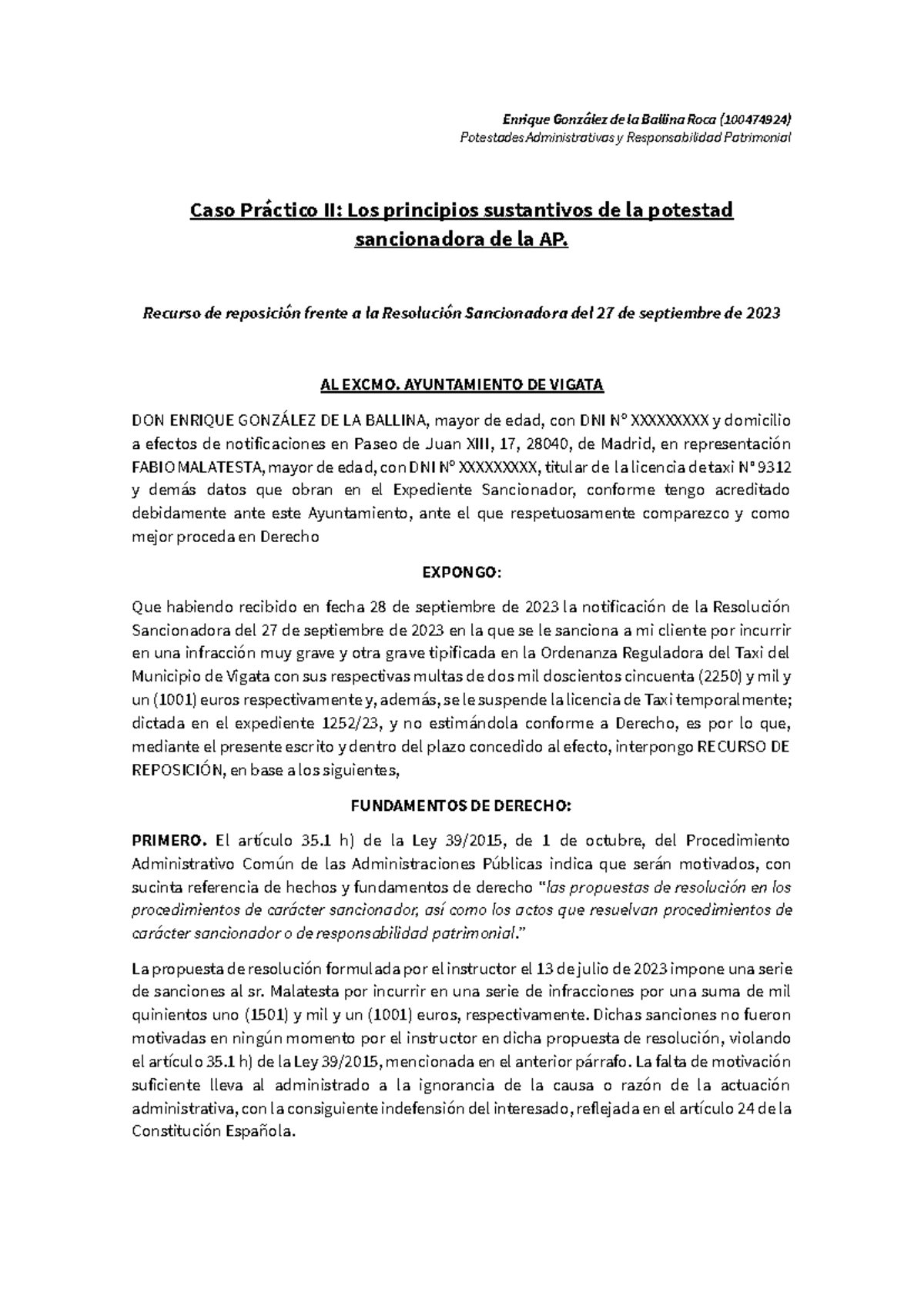 Práctica II - Administrativo III (Derecho y CCPP) - Enrique González de la Ballina Roca ...