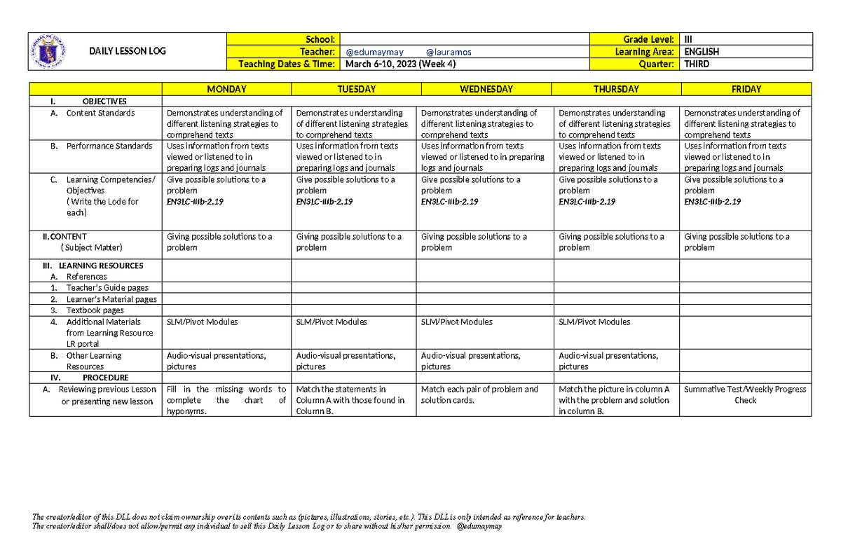 DLL English 3 Q3 C4 Solutionsto Problems@edumaymay - DAILY LESSON LOG ...