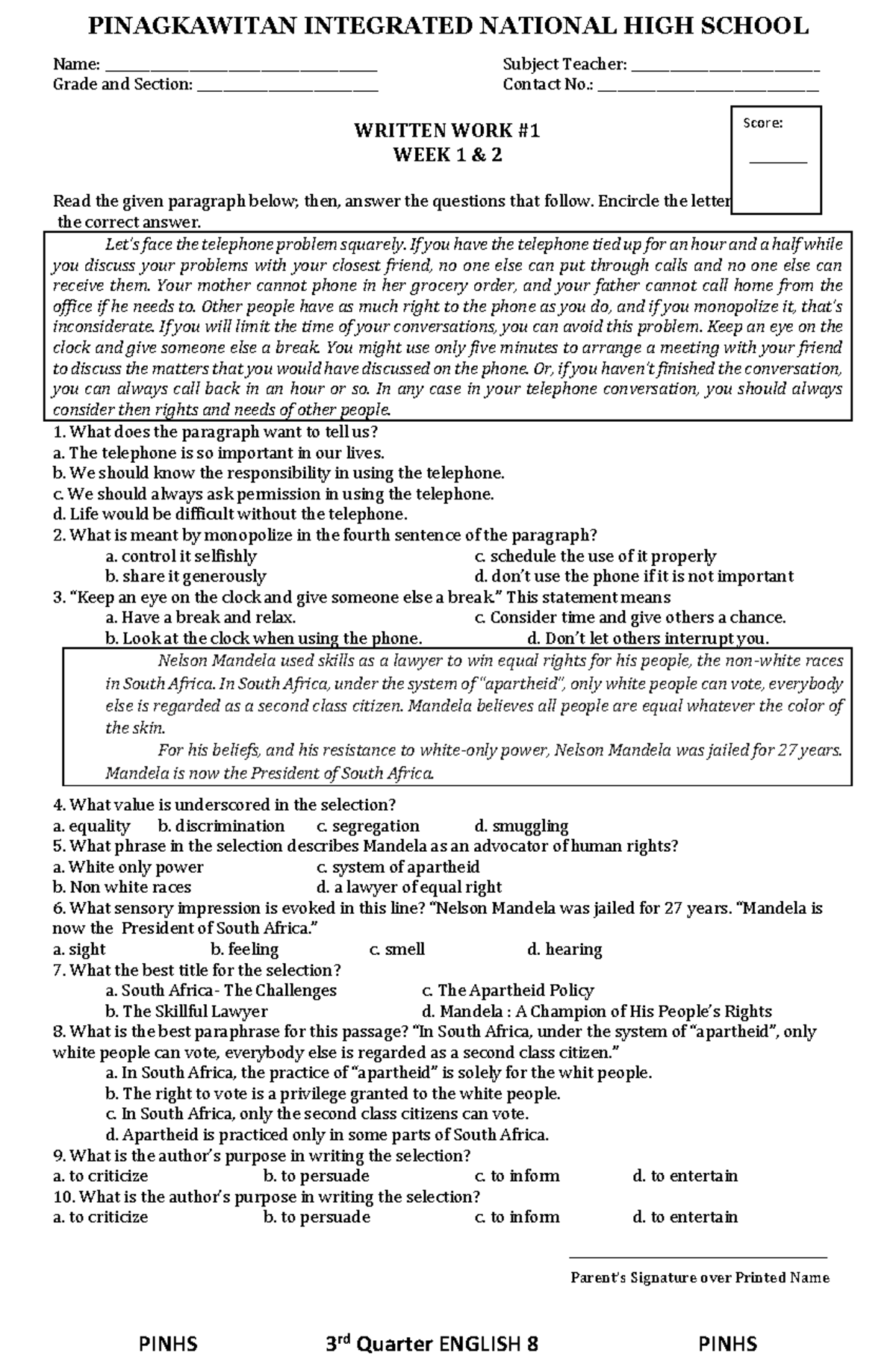 English 8 Written and Performance Task 3rd Qtr - Name