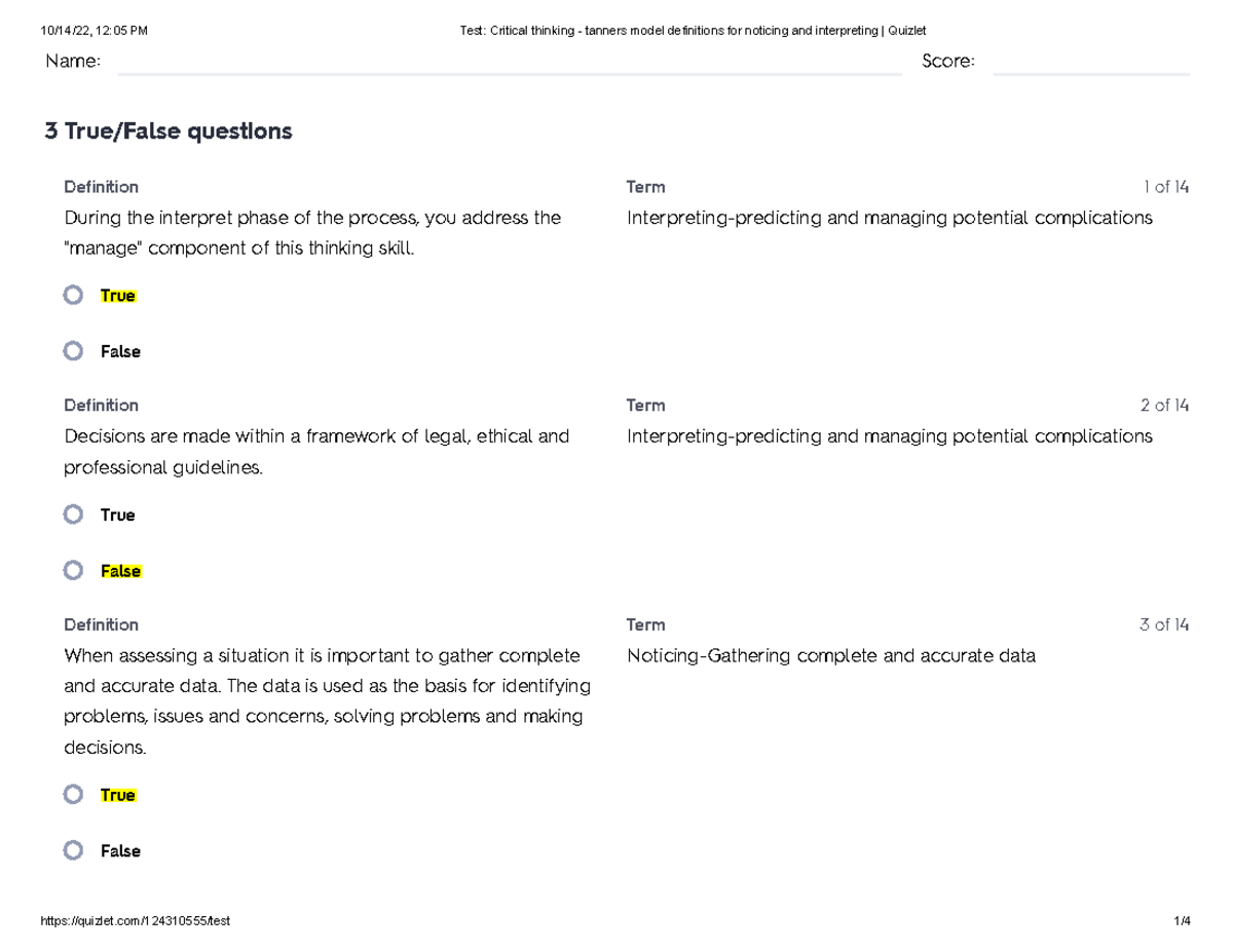Test Critical thinking - tanners model definitions for noticing and ...