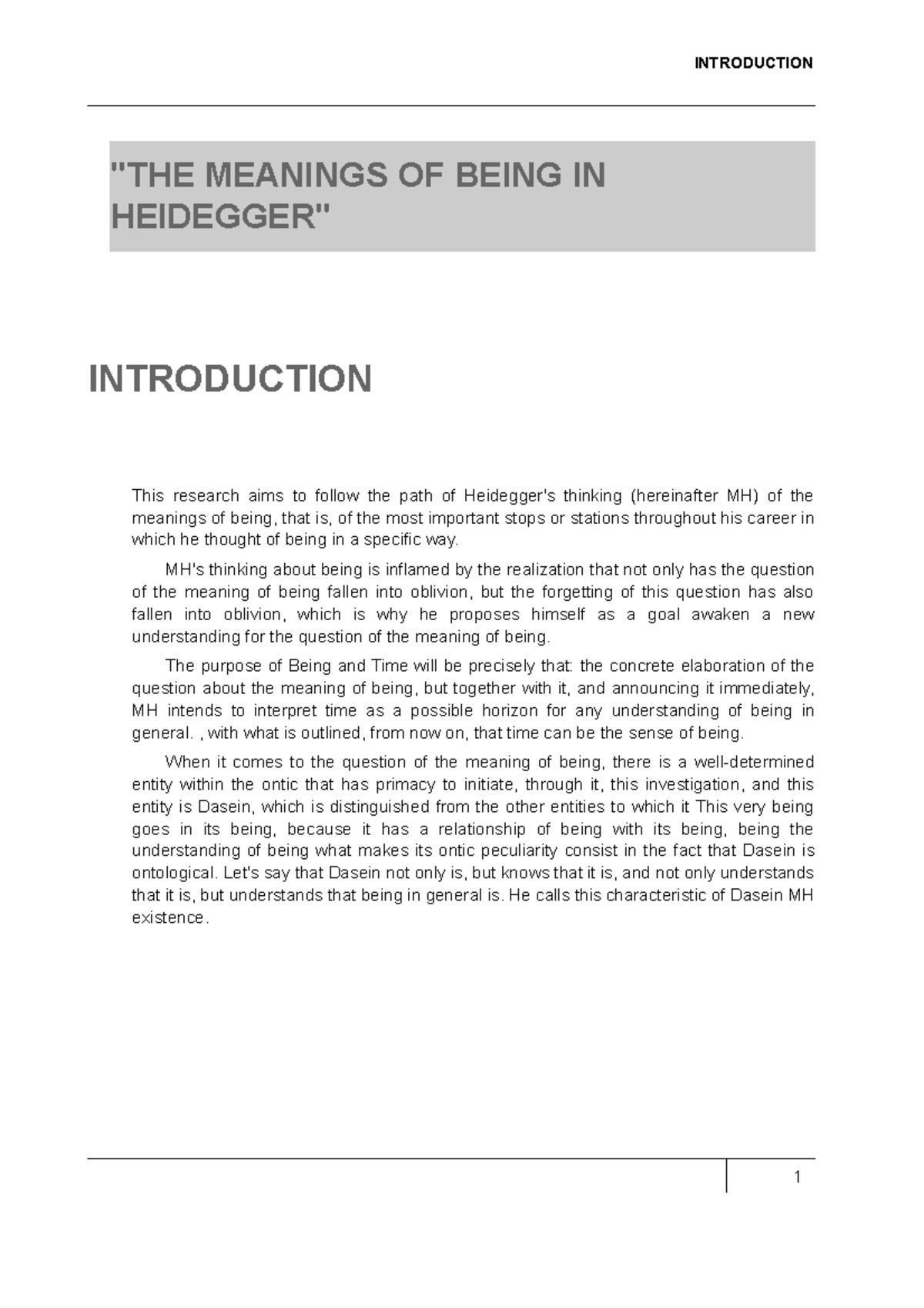 THE Meanings OF Being IN Heidegger - INTRODUCTION MEANINGS OF BEING IN ...
