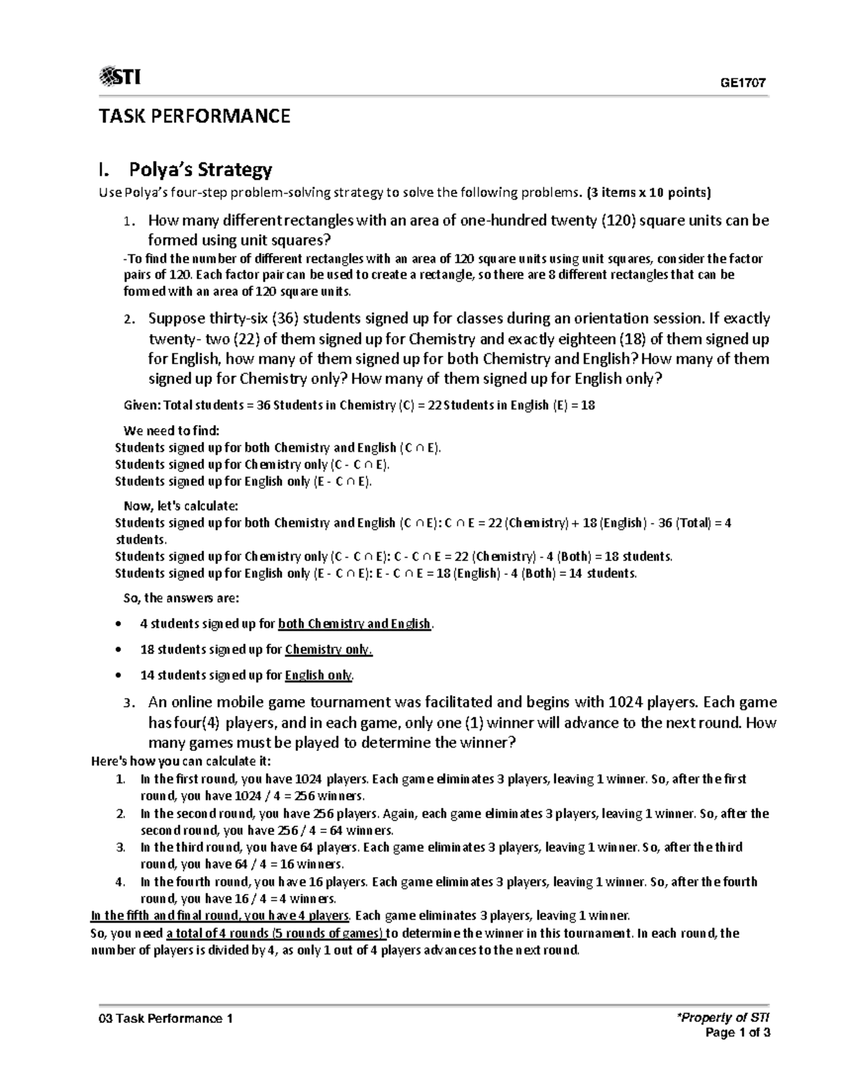 Math-Pe Ta - POLYA'S STRATEGY - ####### GE ####### 03 Task Performance 1 *Property of STI ...