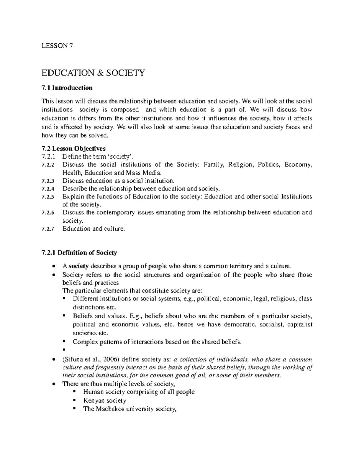 Lesson 7 - Good notes - LESSON 7 EDUCATION & SOCIETY 7 Introducction ...