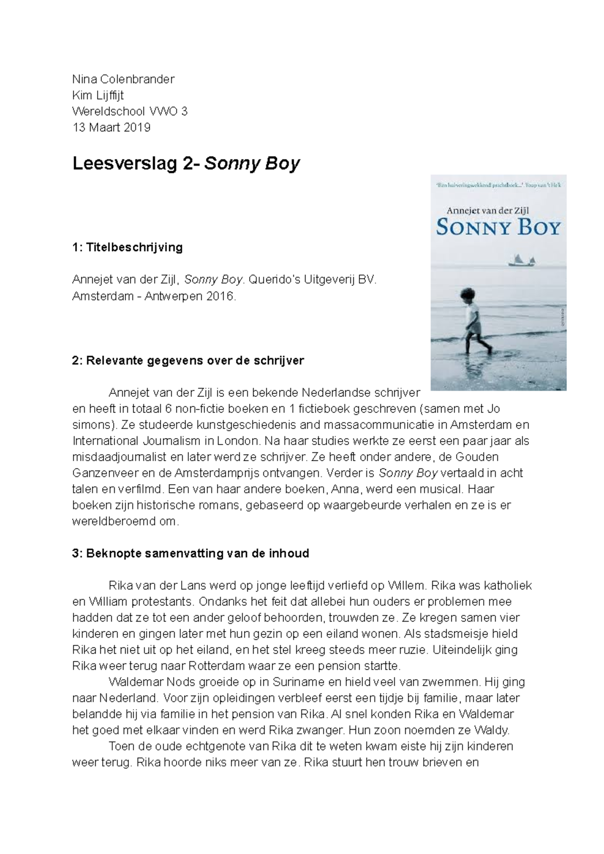 Leesverslag 2 - Sonny Boy - Nina Colenbrander Kim Lijffijt Wereldschool ...