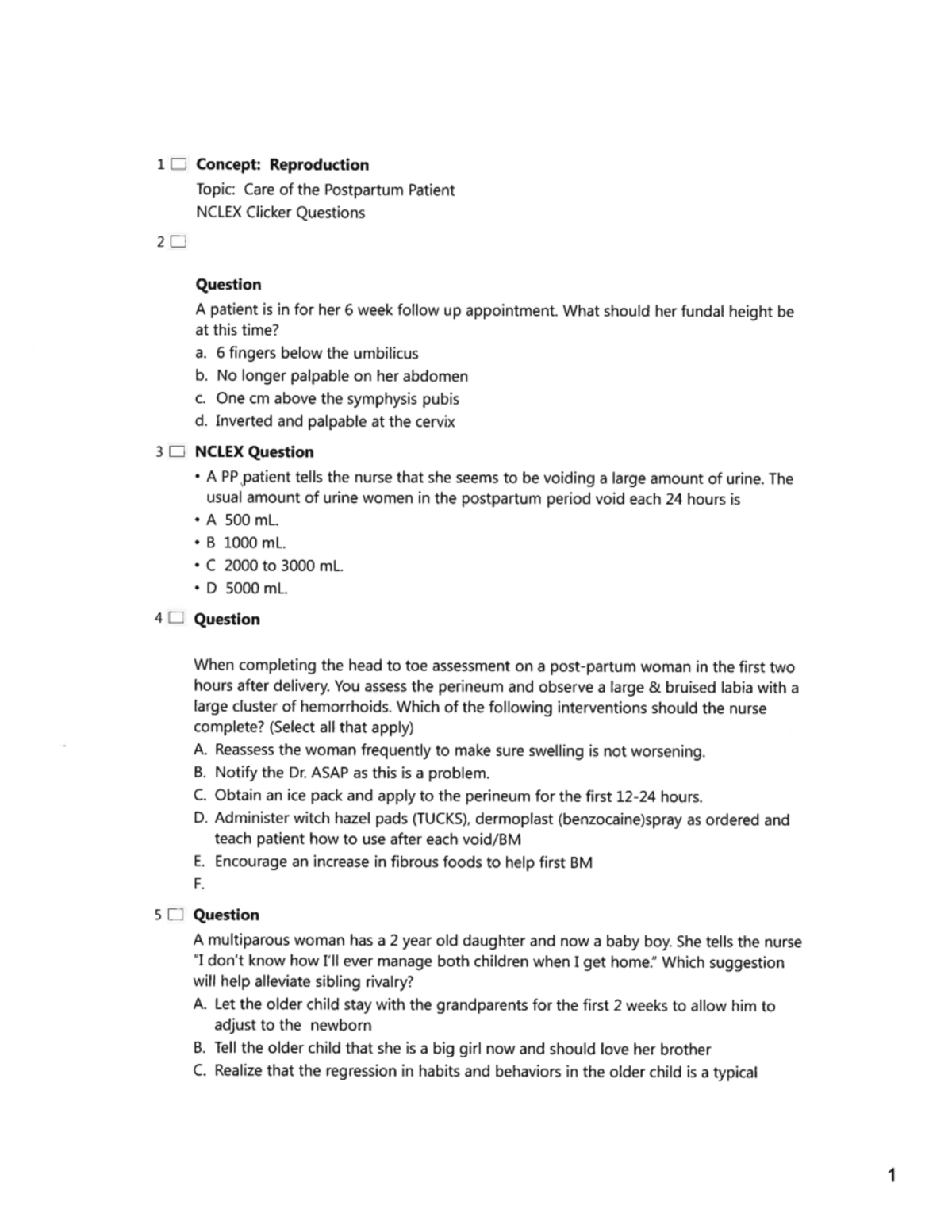 Postpartum Student Clicker Questions - NUR 102 - Studocu