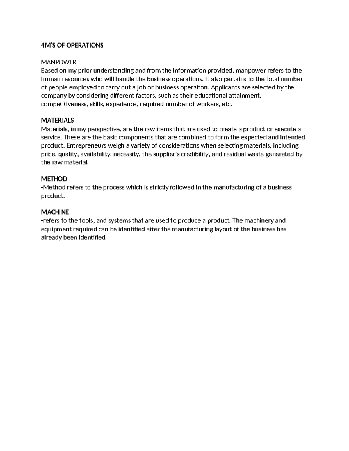4M revised - 4M’S OF OPERATIONS MANPOWER Based on my prior ...