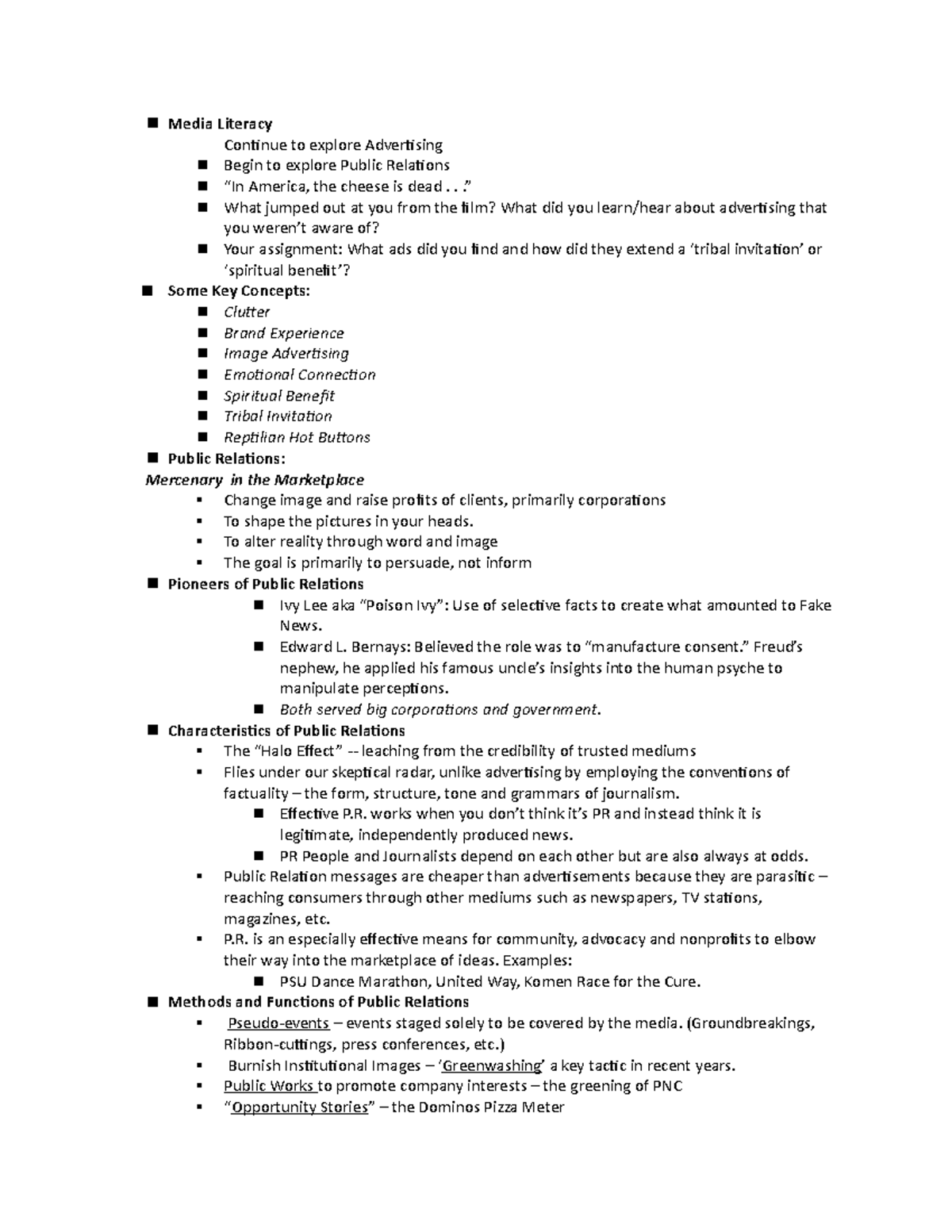 notes outline lecture - Media Literacy Continue to explore Advertising ...