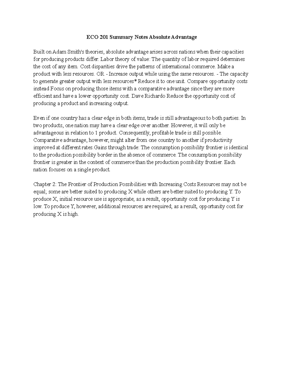 ECO 201 Summary Notes Absolute Advantage - ECO 201 Summary Notes ...