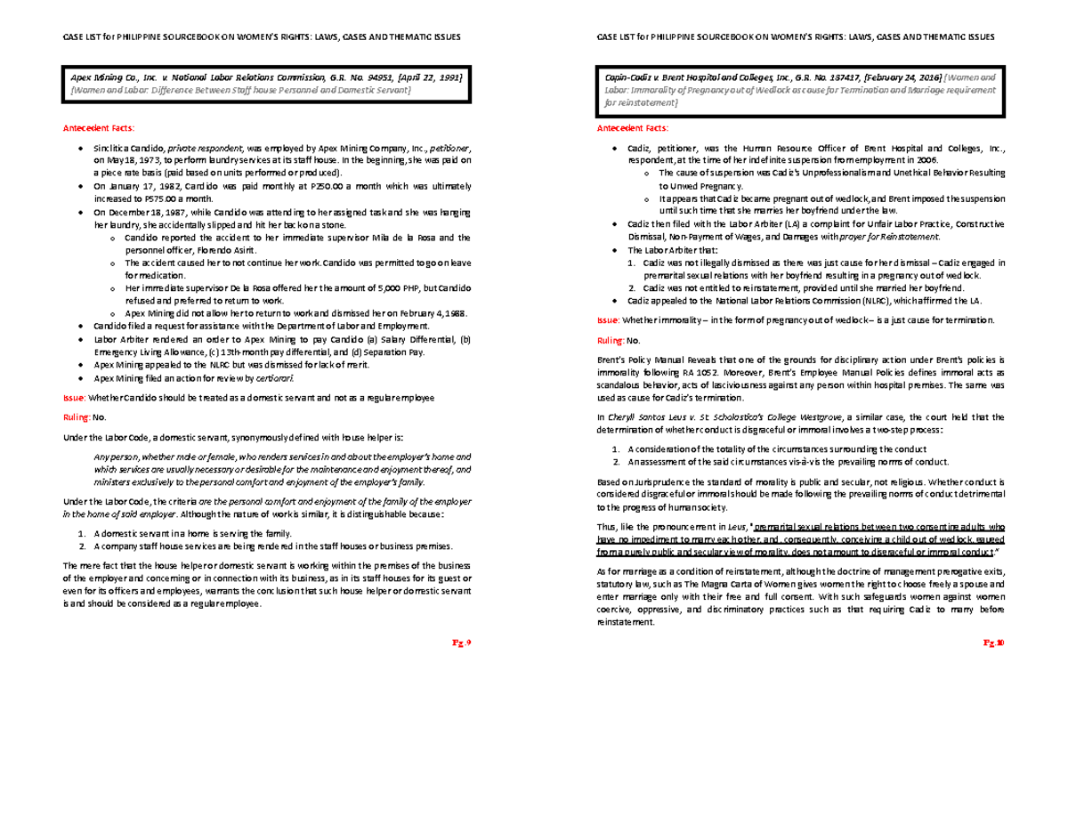Gender Law - Chapter 3 - Labor and Women Case Digest - Antecedent Facts: Sinclitica Candido ...