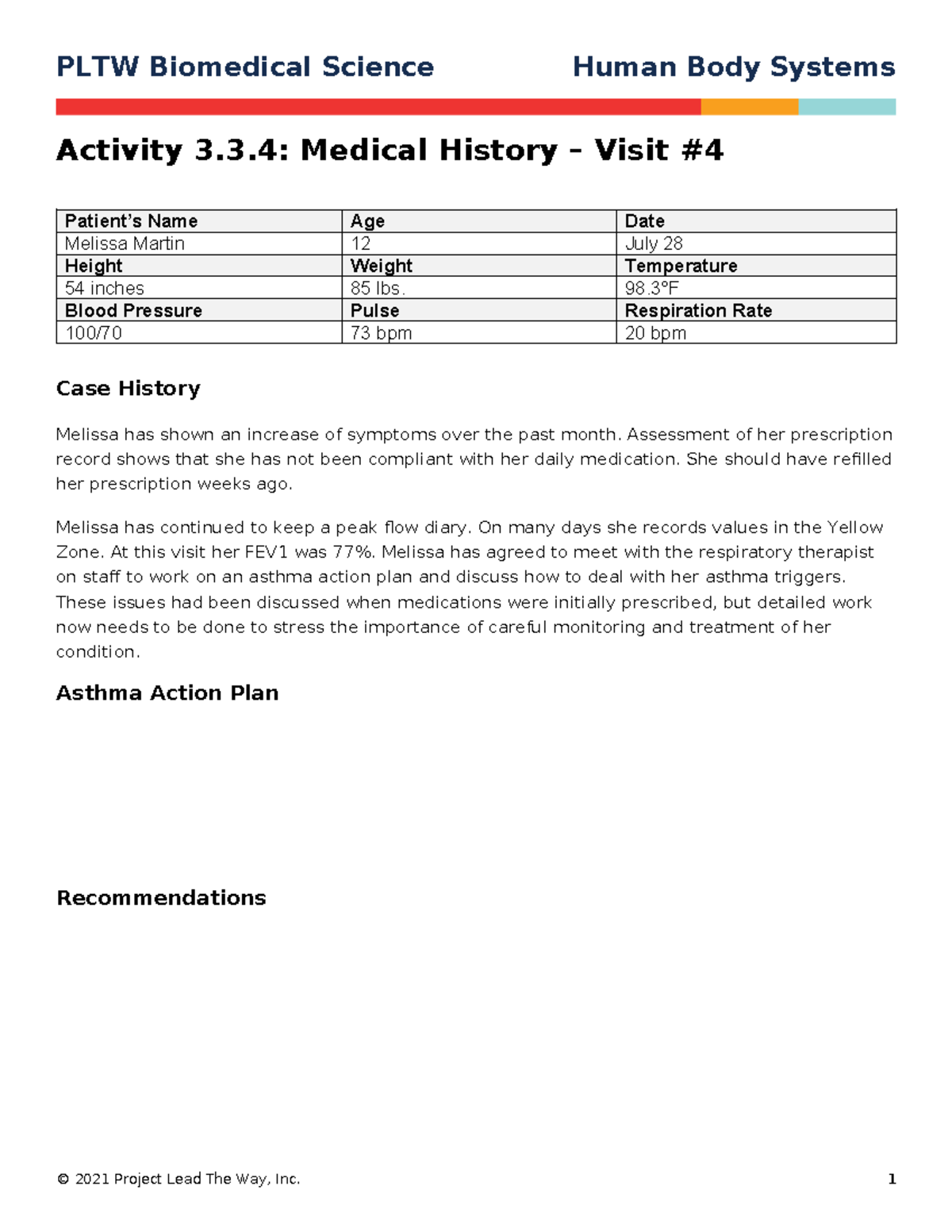 HBS 334 Medical History 4 - PLTW Biomedical Science Human Body Systems ...