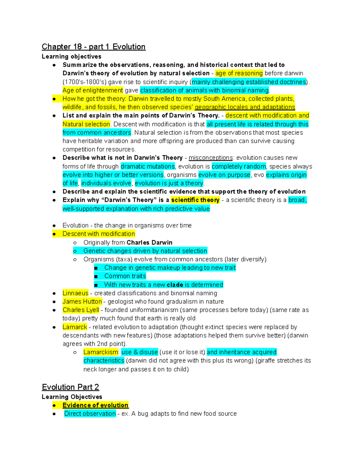 Ch 18 Evolution (all parts) - Chapter 18 - part 1 Evolution Learning objectives Summarize the ...