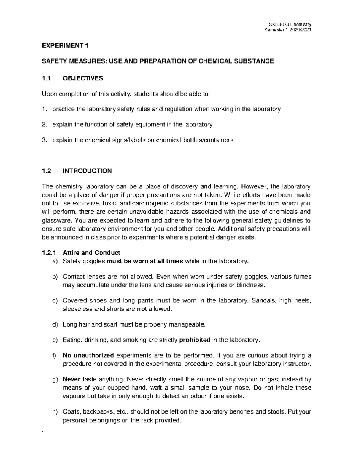 Experiment 1 - Semester 1 2020/ EXPERIMENT 1 SAFETY MEASURES: USE AND ...