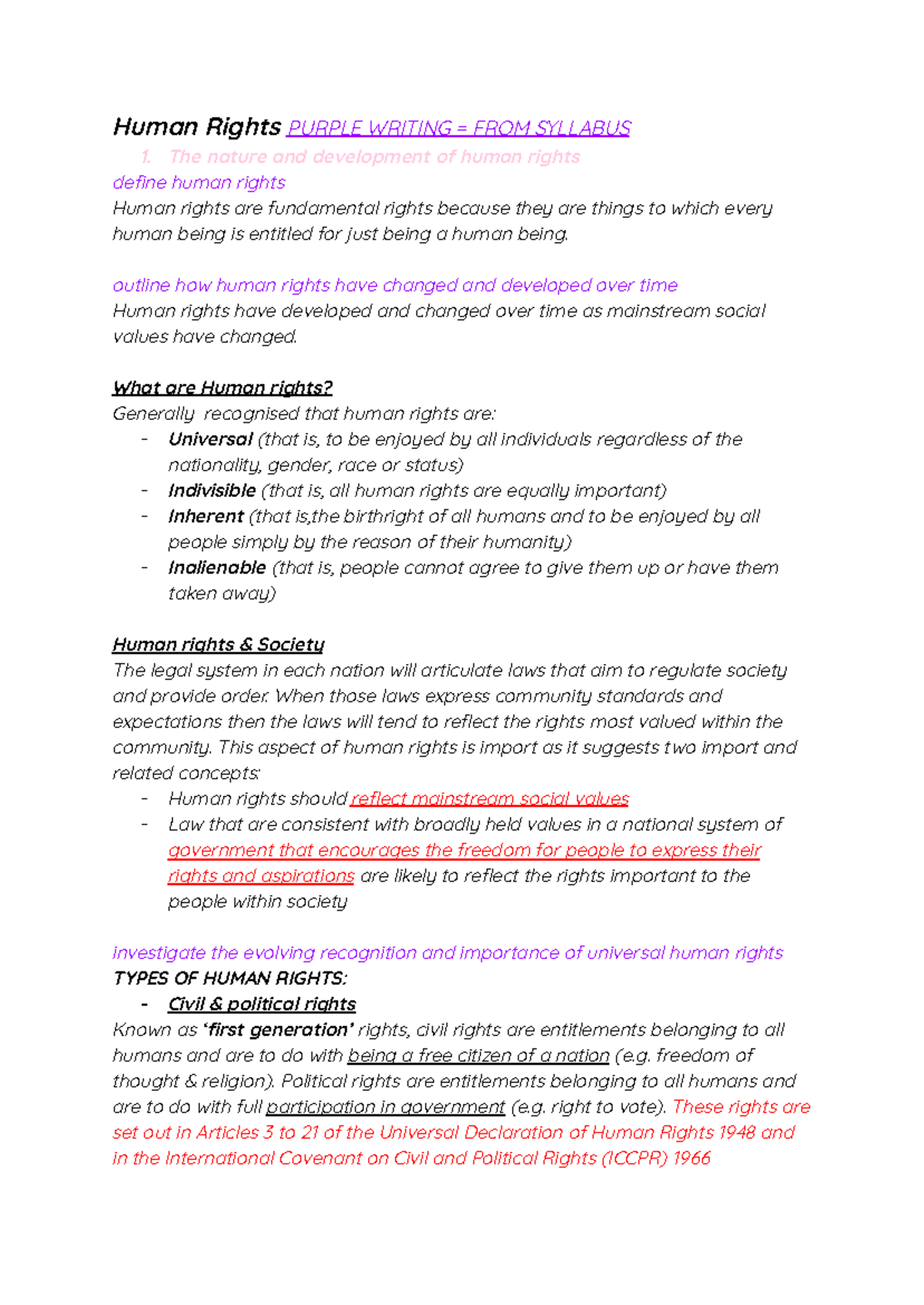 Human Rights Notes - Human Rights PURPLE WRITING = FROM SYLLABUS The ...