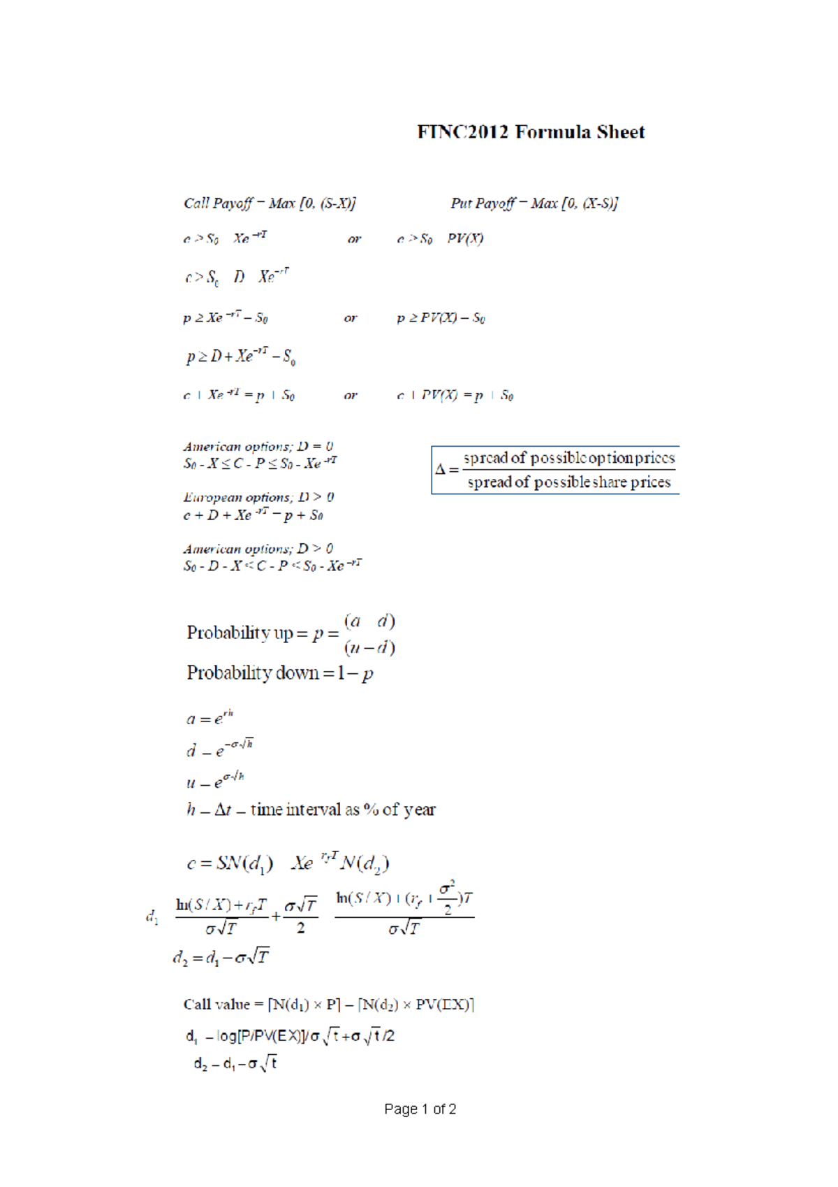 FINC 2012 Final Exam Formula sheet S2 2023 - FINC2012 - Page 1 of Page ...