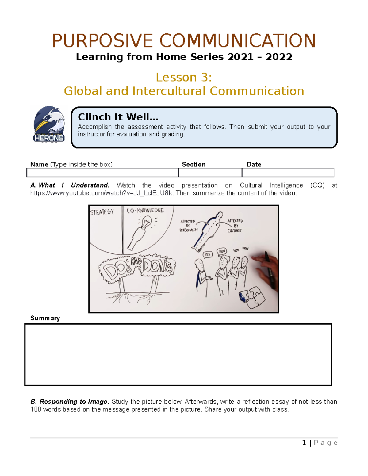 NEW GEPC Lesson 3 - Assessment Answer Sheet - PURPOSIVE COMMUNICATION Learning from Home Series ...