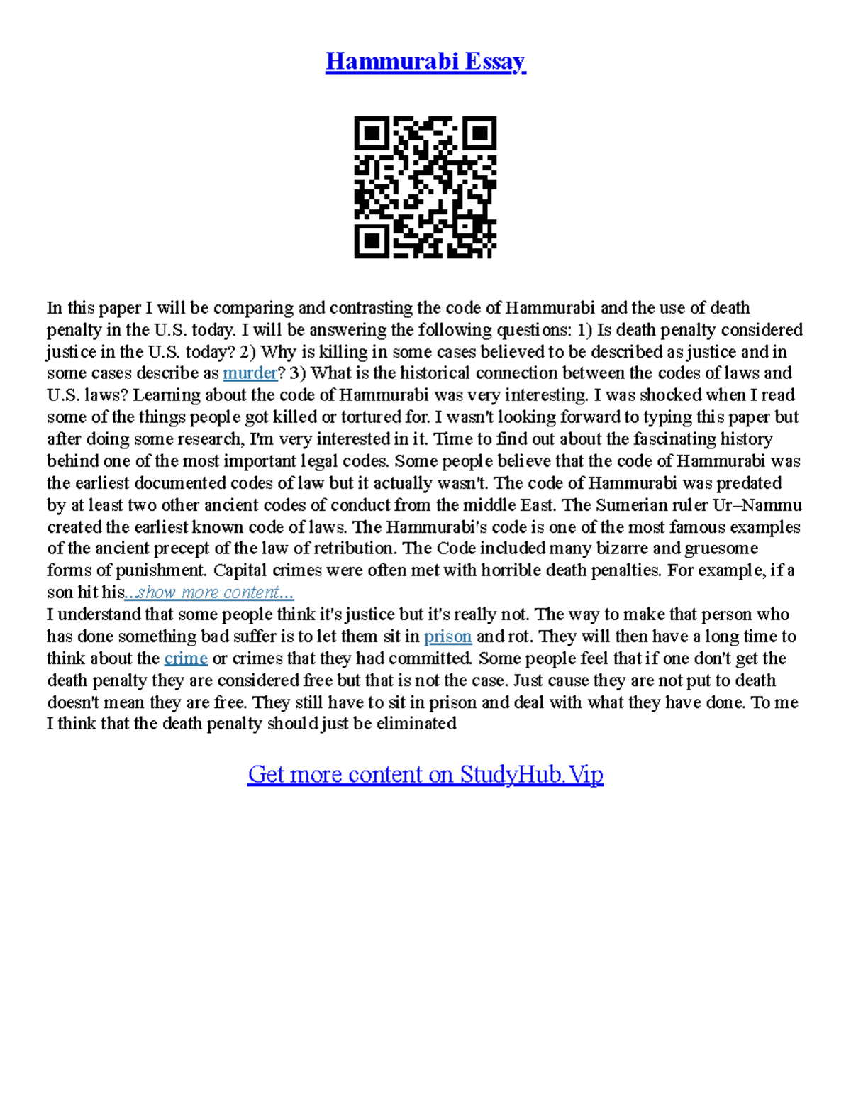 Hammurabi Essay - today. I will be answering the following questions: 1 ...