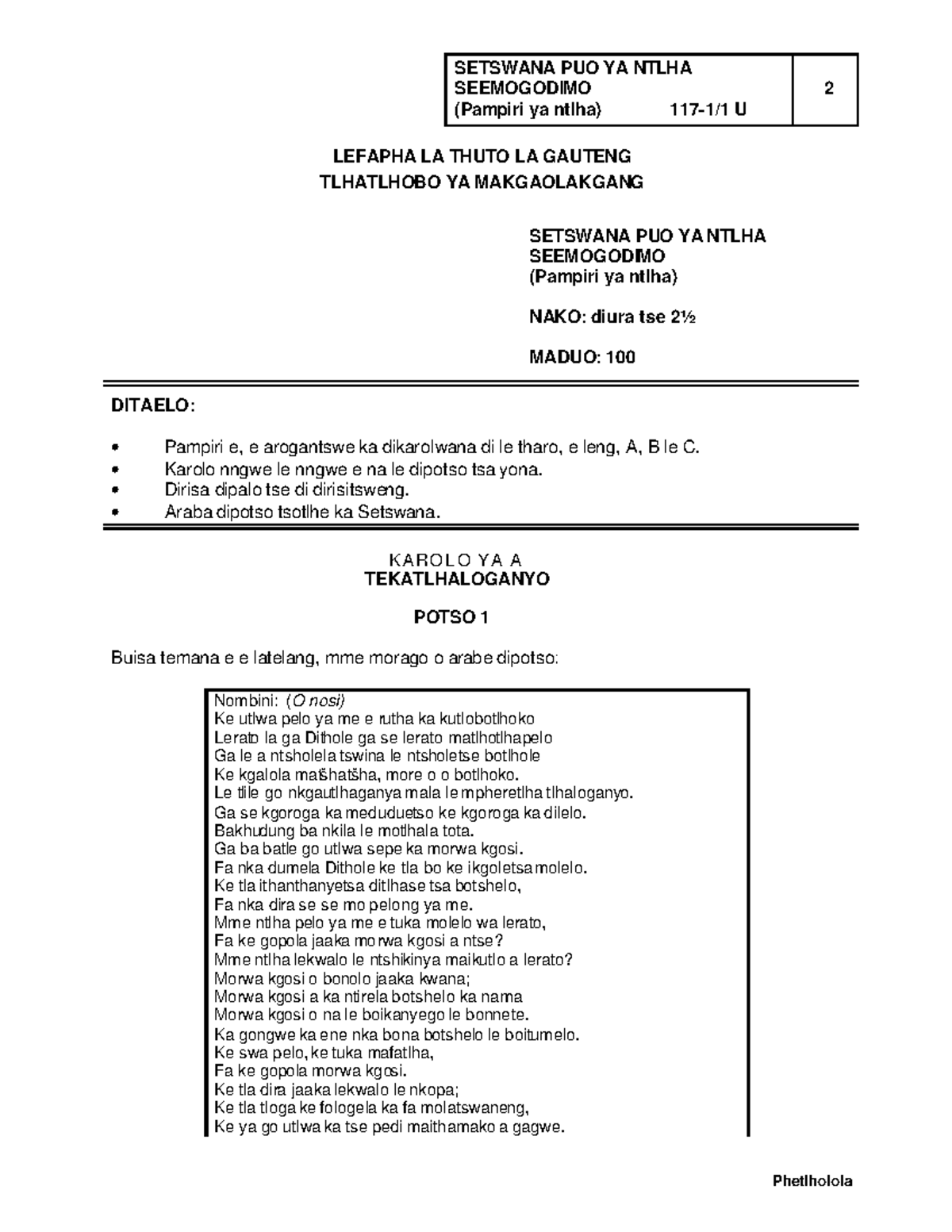Grade 12 SC Setswana (HG) P1 November 2006 Question Paper - SEEMOGODIMO ...