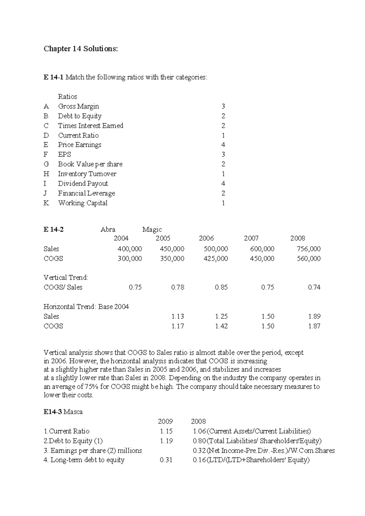 Chapter 14 Solutions - Chapter 14 Solutions: E 14-1 Match the following ratios with their - Studocu