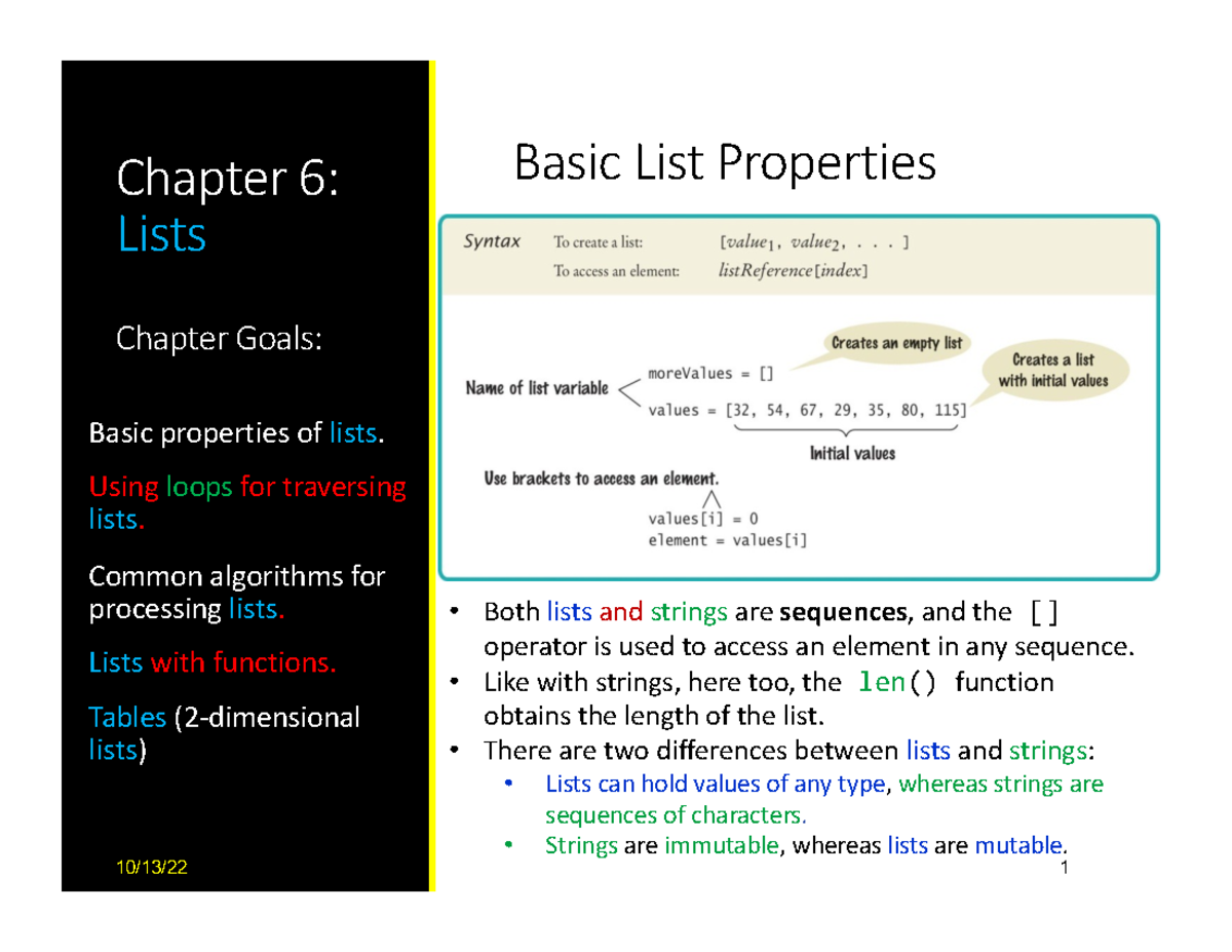Chapter 06 - notes - Chapter 6: Lists 10/13/22 1 Basic properties of ...