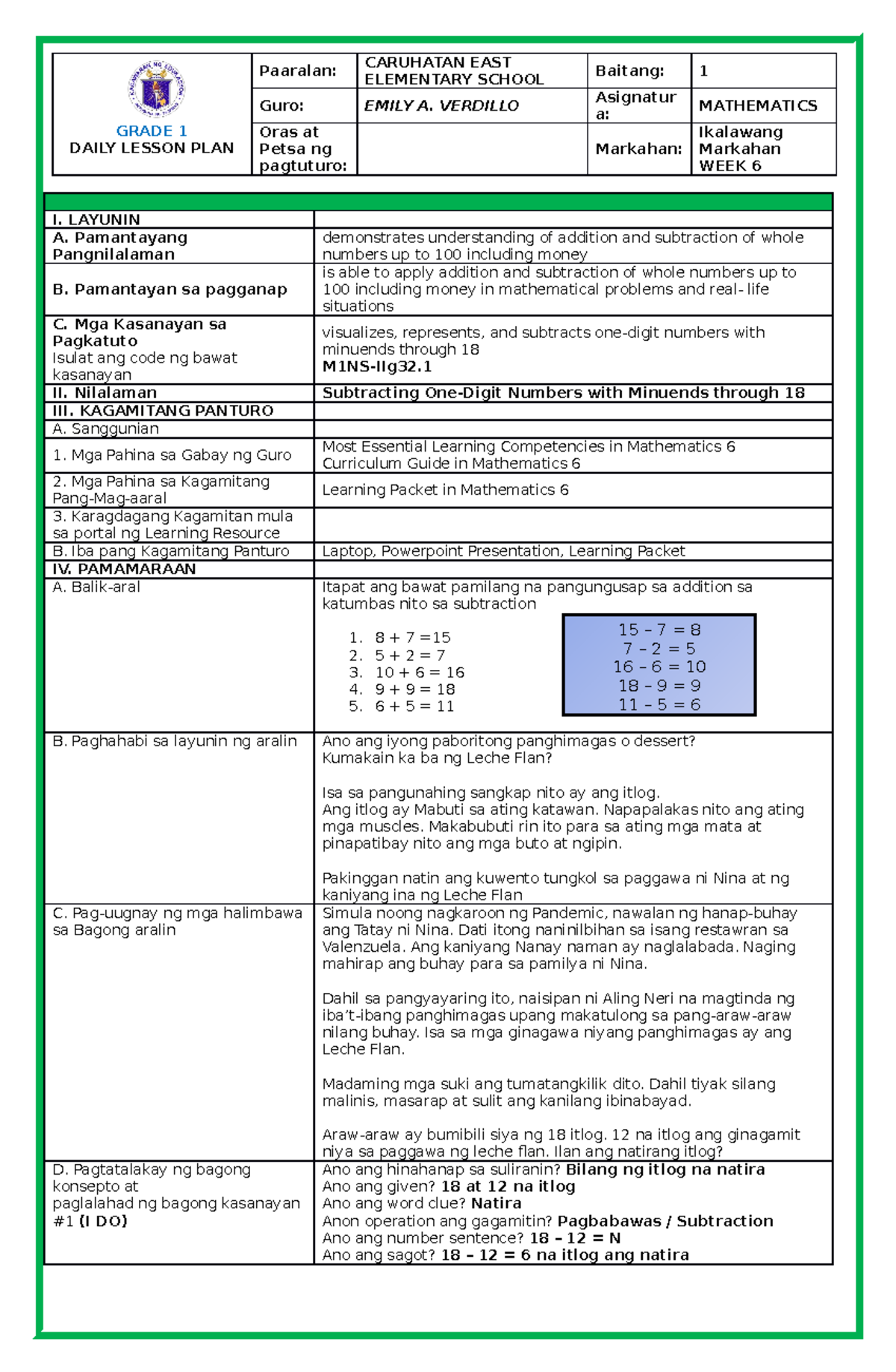 1ST COT Verdillo Mathematics - GRADE 1 DAILY LESSON PLAN Paaralan ...