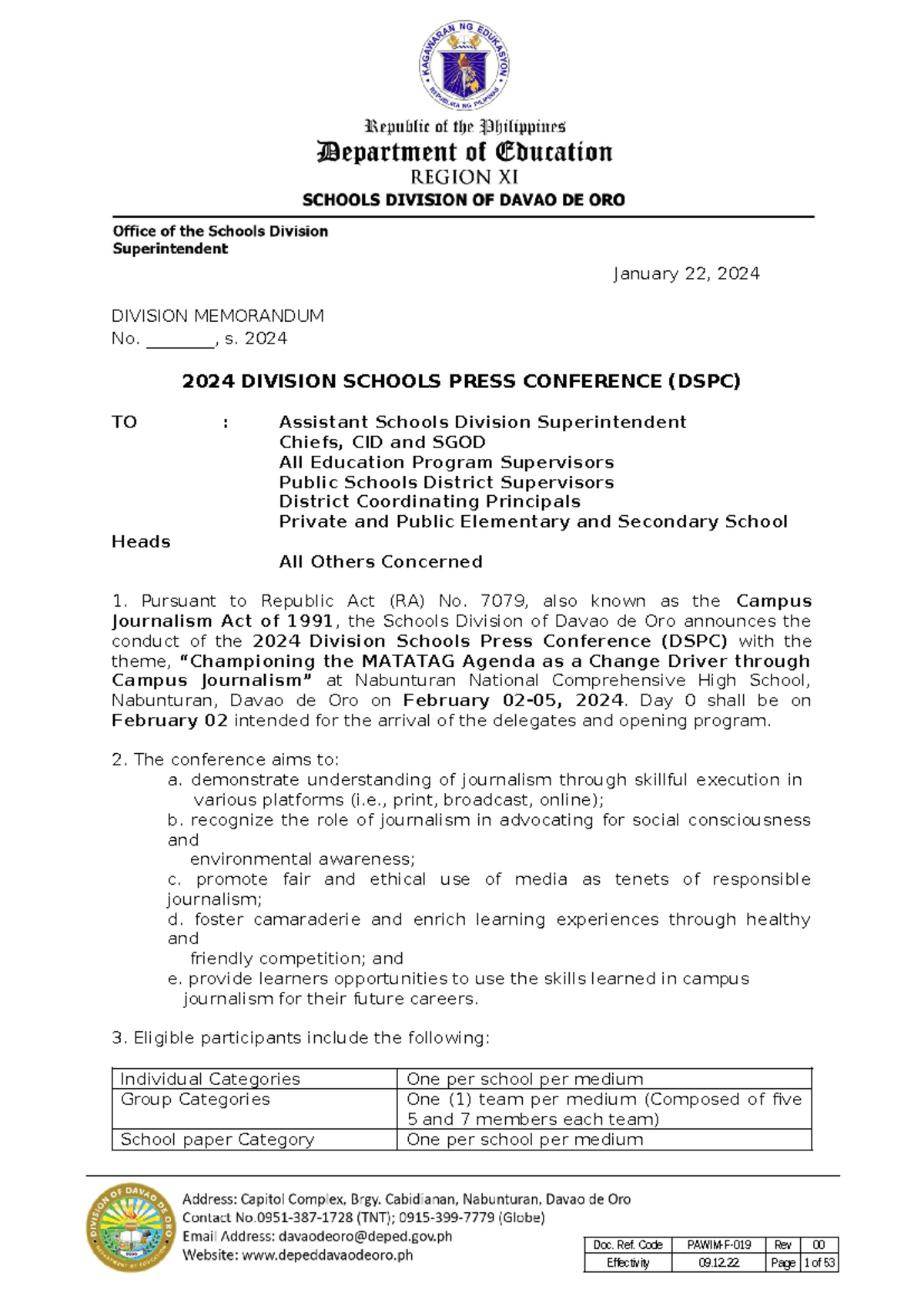 704337980 DSPC Memo 2024 1 - January 22 , 2024 DIVISION MEMORANDUM No. ________, s. 2024 2024 ...