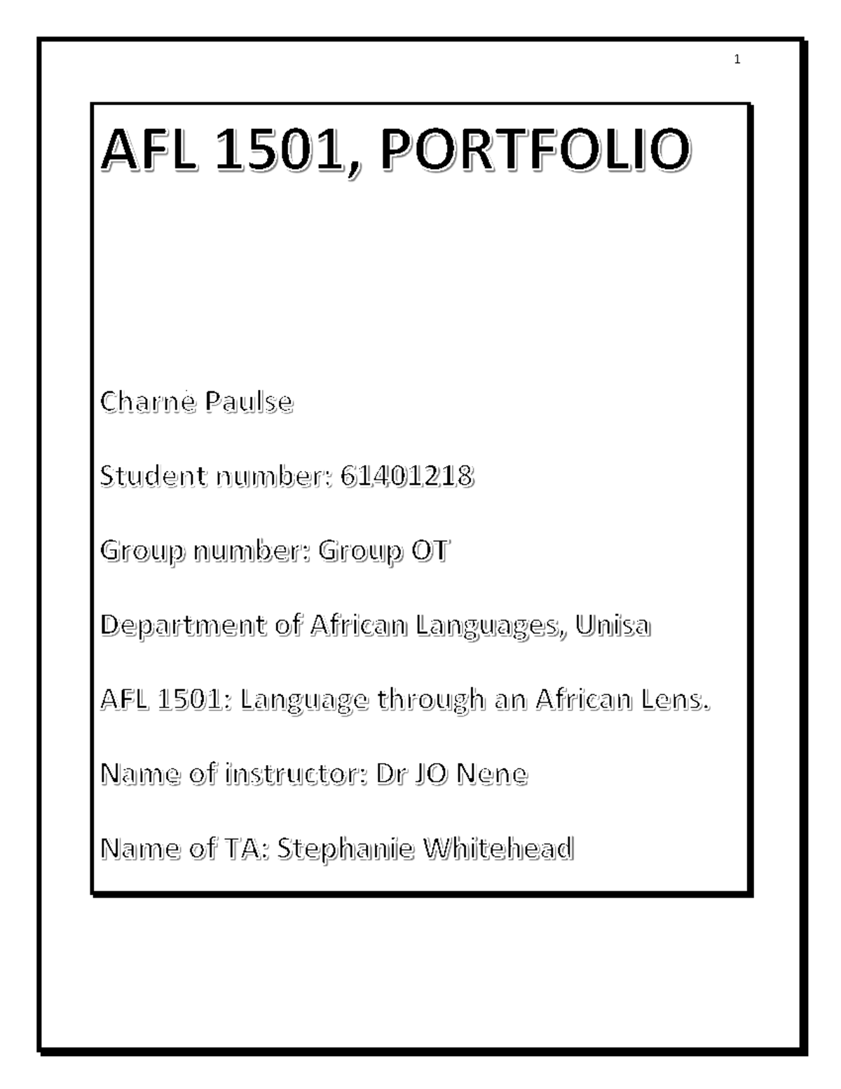 AFL 1501 Portfolio, Charnè Paulse - Table of Contents Contents P Introduction First Portfolio ...