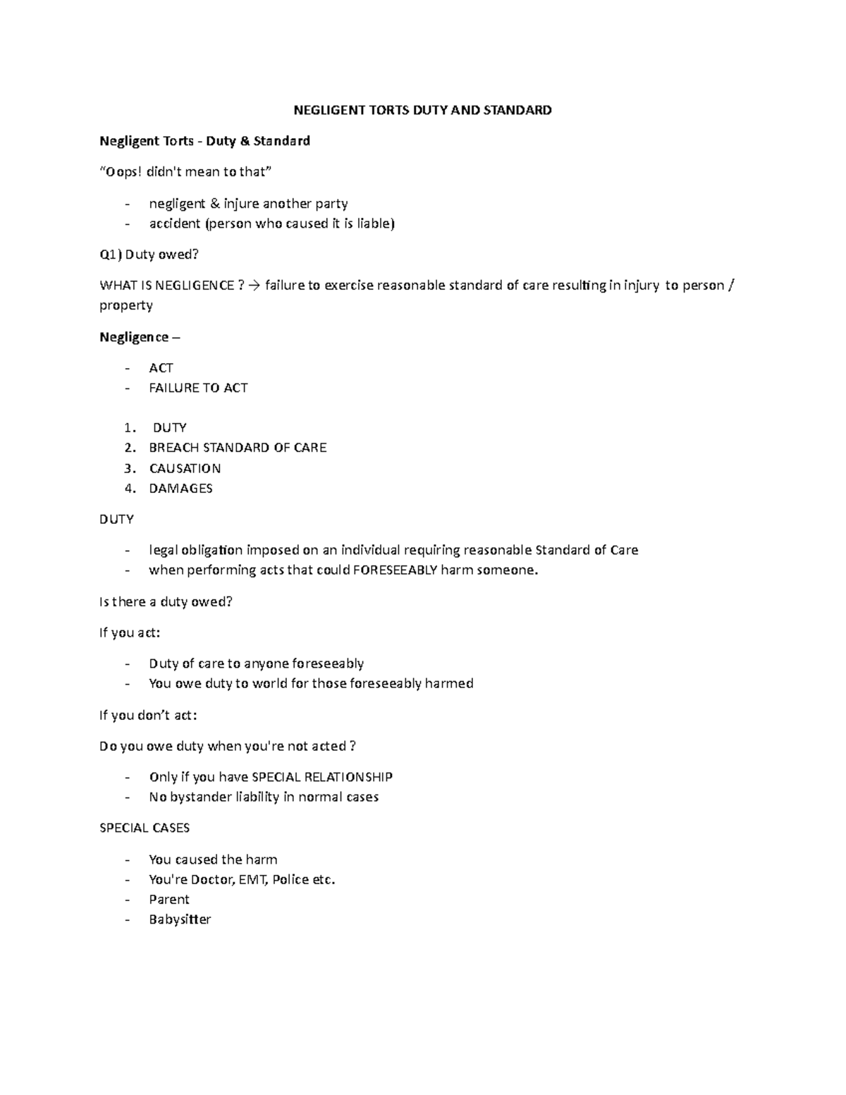 Negligent Torts DUTY AND Standard - NEGLIGENT TORTS DUTY AND STANDARD ...