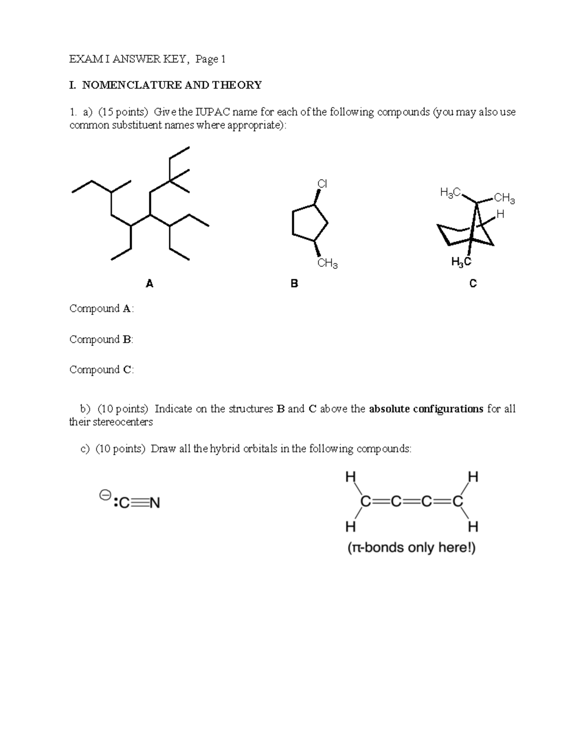 Practice Midterm Exam 1 - I. NOMENCLATURE AND THEORY a) (15 points ...